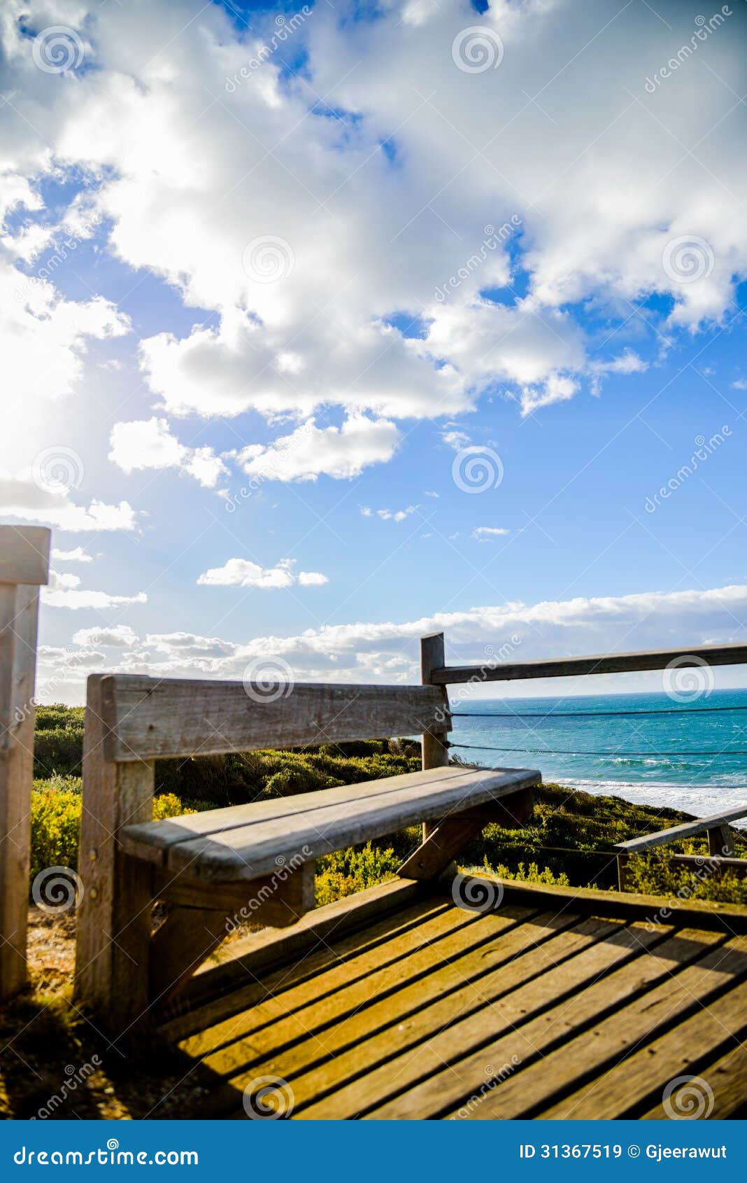 Wooden Seat with Sea and Blue Sky4 Stock Image - Image of grass, island ...