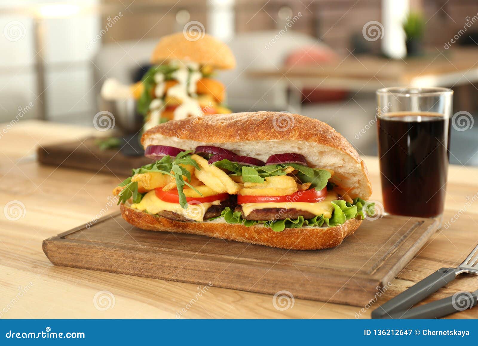 Wooden Serving Plate with Yummy Sandwich on Table Stock Image - Image ...