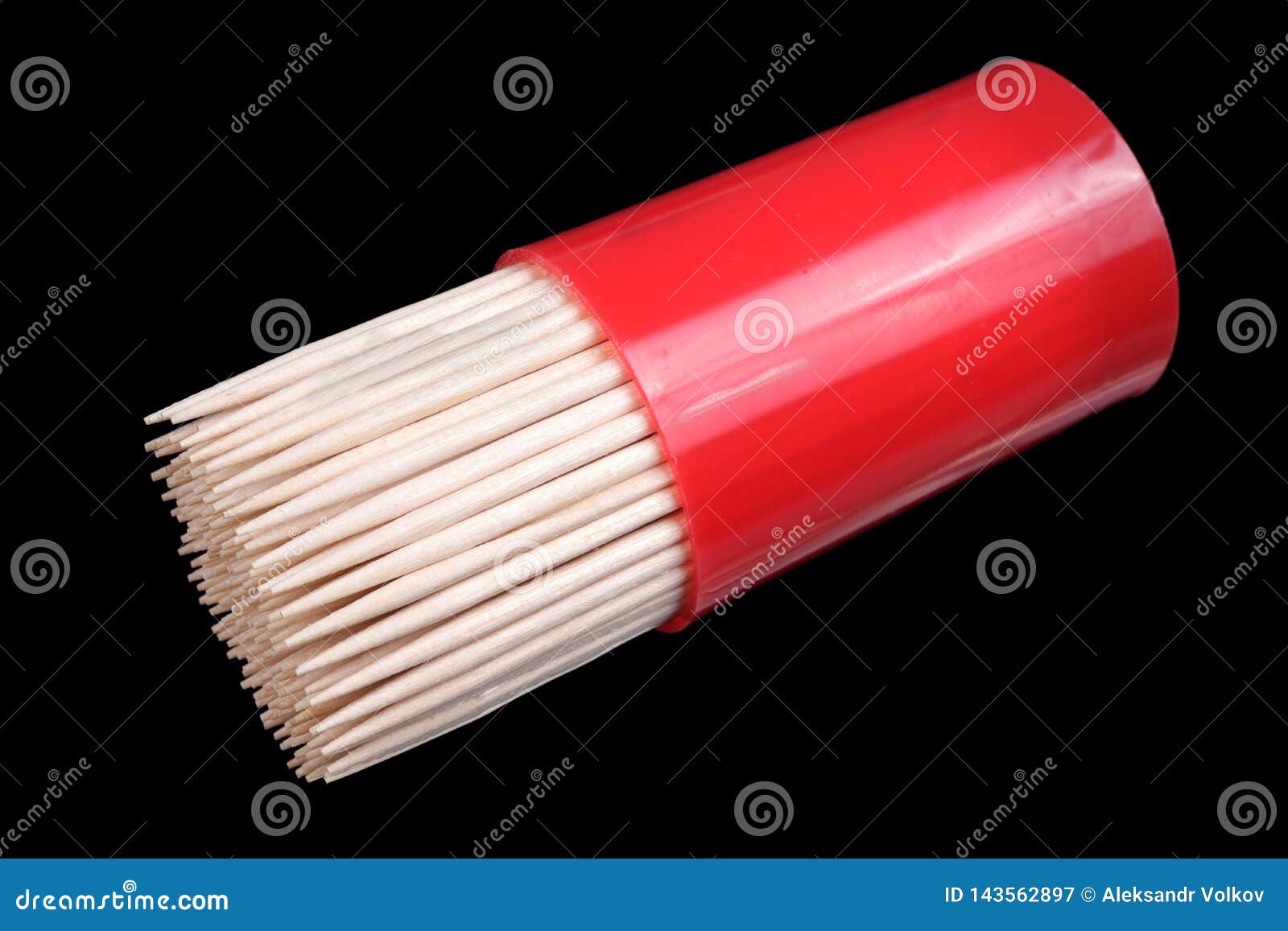 Wooden Sharp Toothpicks in Red Plastic Container Isolated on Black ...