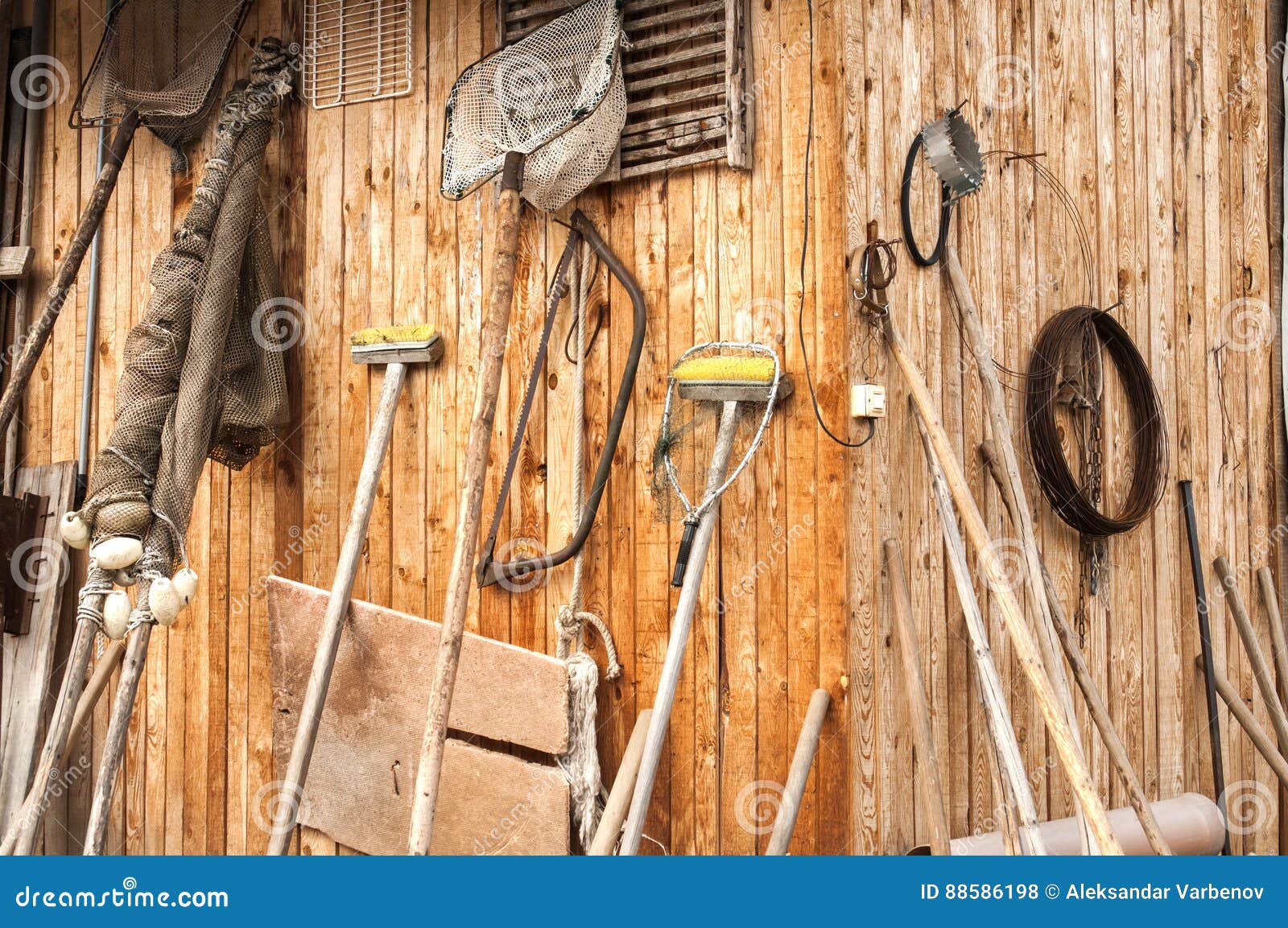 Wooden shed with tools stock photo. Image of dirty, grungy - 88586198