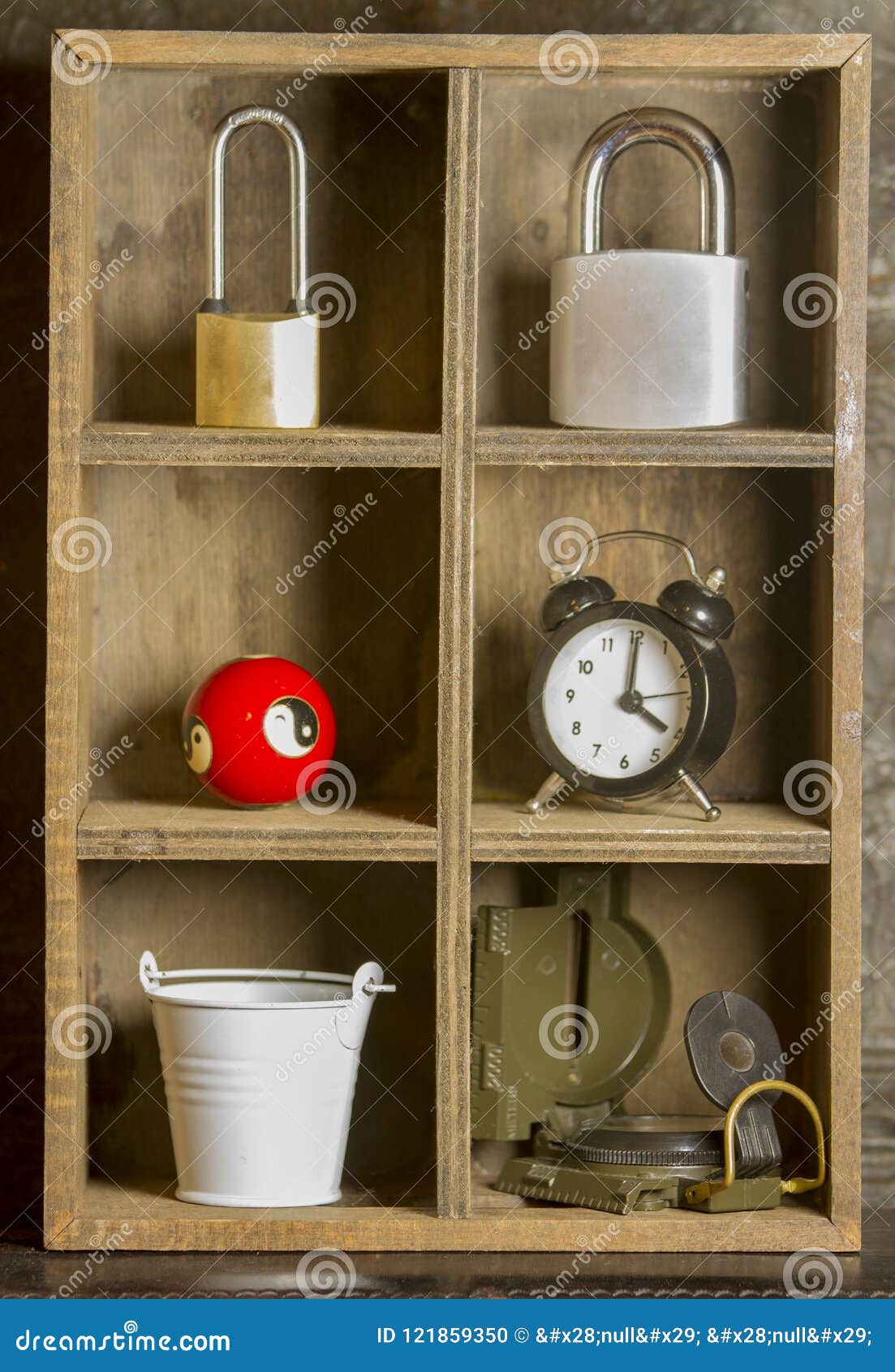 Wooden Shelf and Clock, Lock, Compass, Bucket Stock Photo - Image of ...