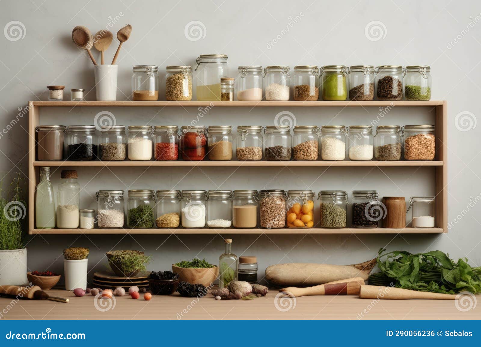 Wooden Shelf Displaying Various Jars of Spices and Ingredients Stock ...