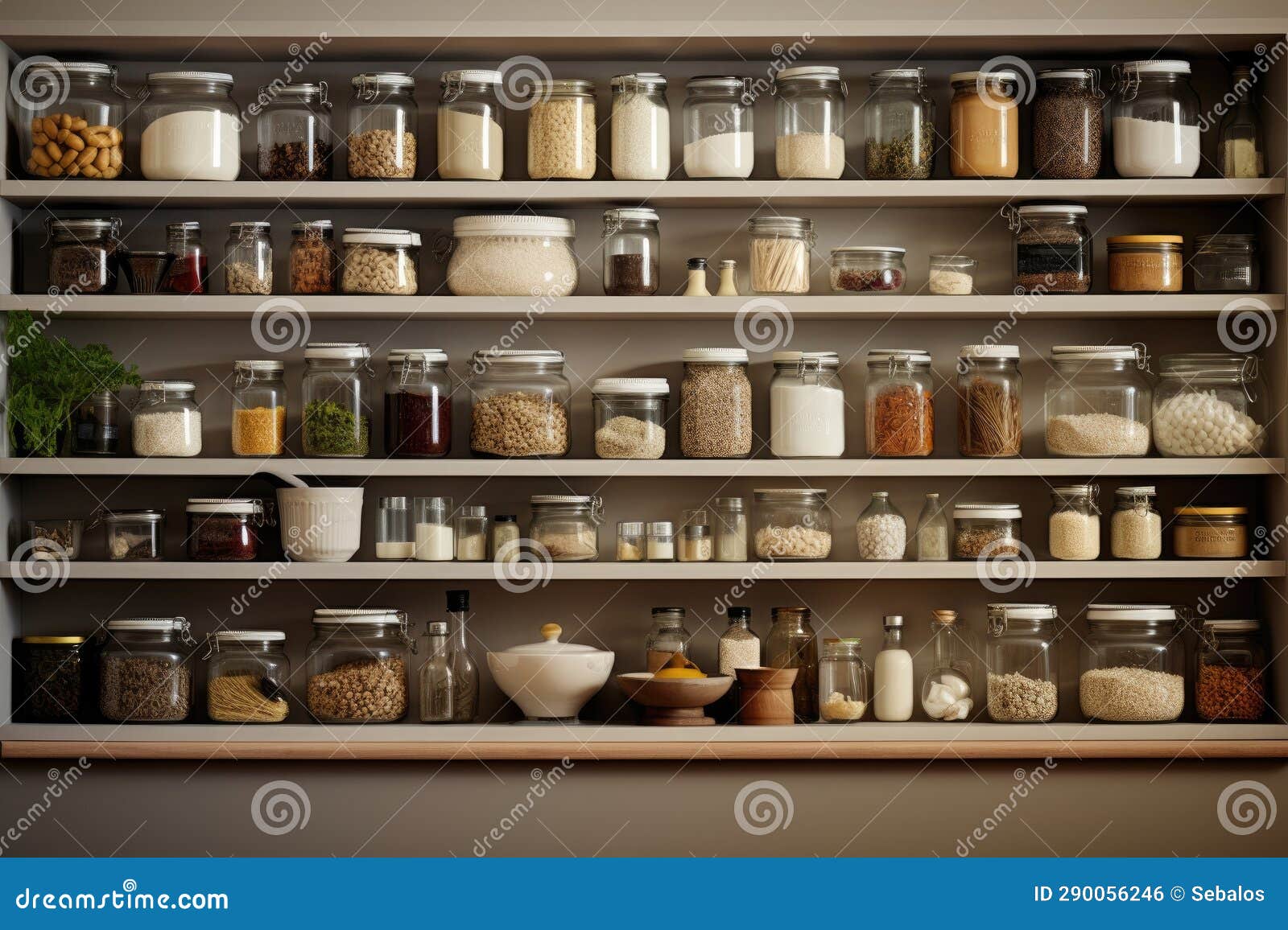 Wooden Shelf Displaying Various Jars of Spices and Ingredients Stock ...