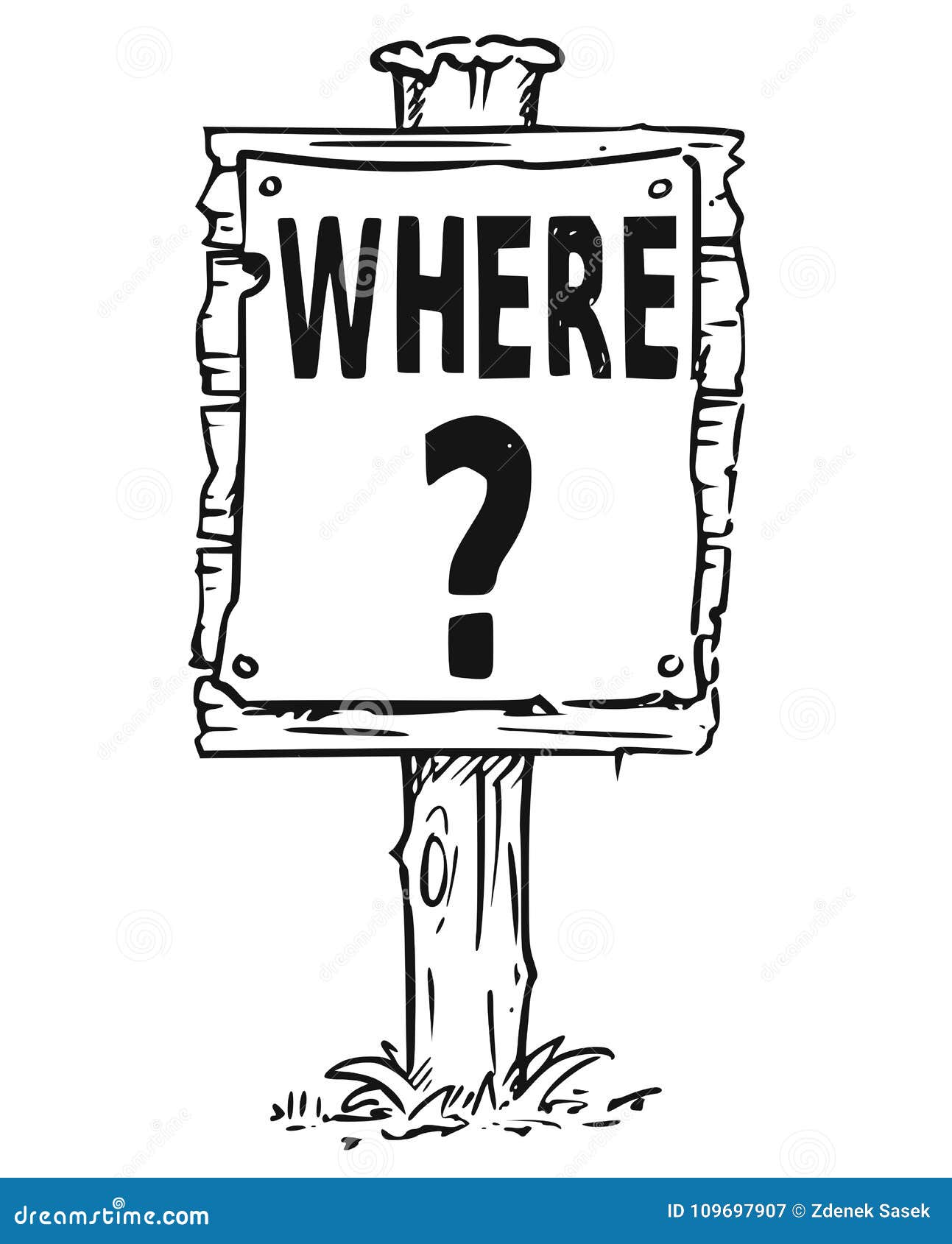 Wooden Sign Board Drawing with Where Text Stock Vector - Illustration ...