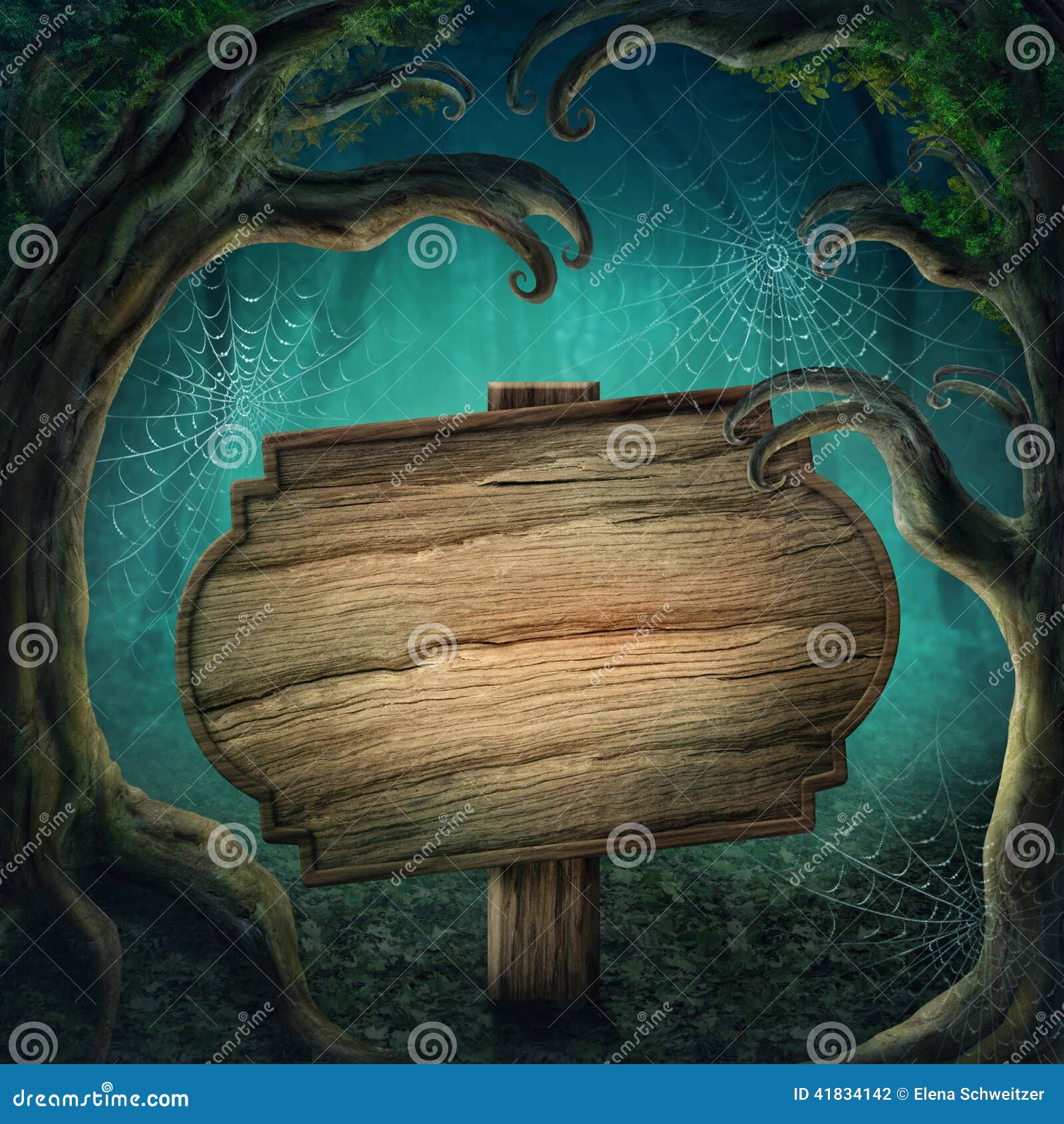 Wooden Sign in the Dark Forest Stock Illustration - Illustration of ...