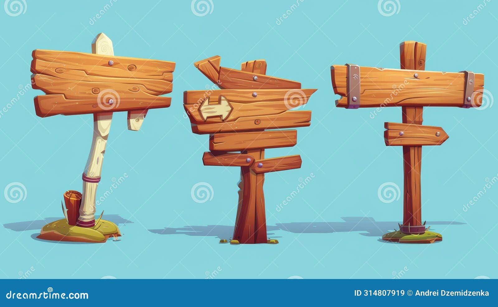 Wooden Signboard Pointer with White Pole Isolated Icon Set for Game ...