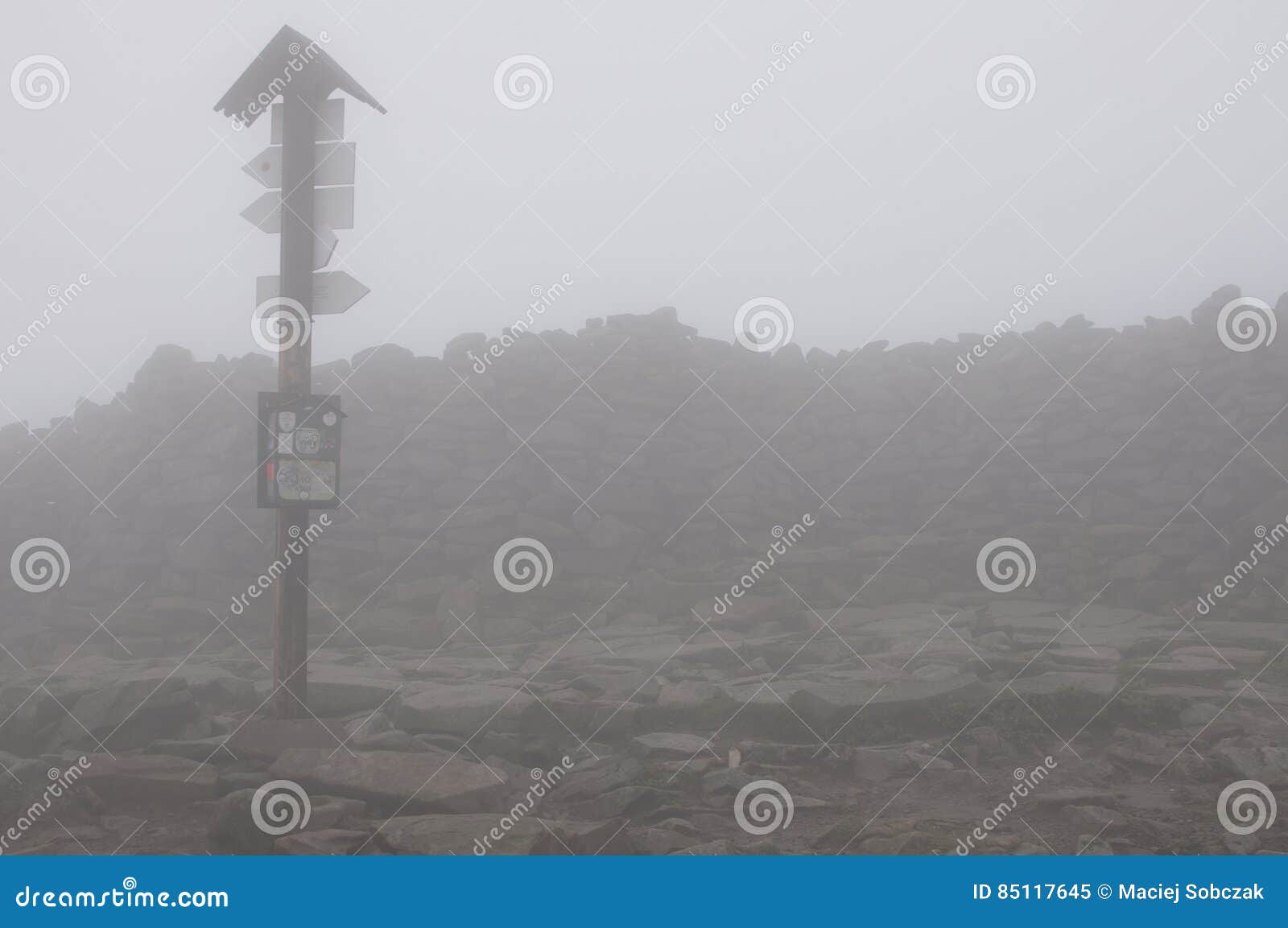 Wooden signpost in the fog stock image. Image of material - 85117645