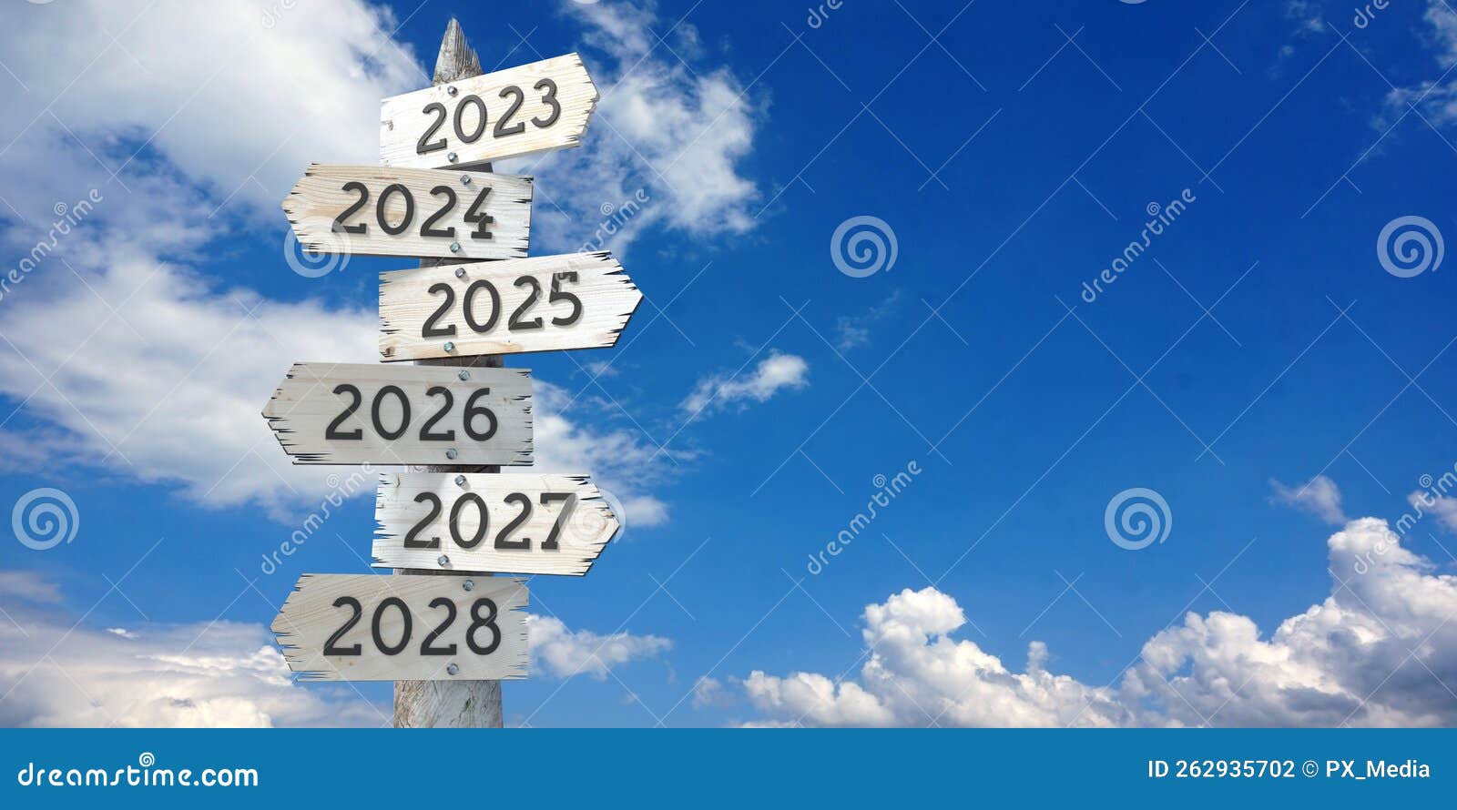 2023, 2024, 2025, 2026, 2027, 2028 - Wooden Signpost With Six Arrows ... 2023, 2024, 2025, 2026, 2027, 2028 - Wooden Signpost With Six Arrows ...