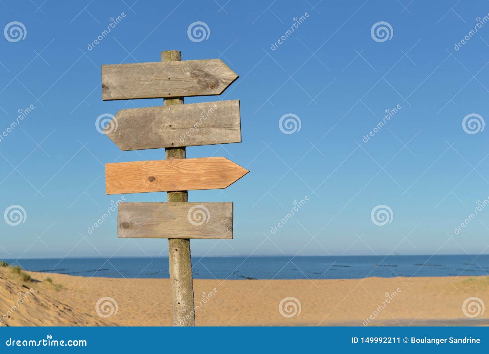 Wooden Signs on a Post in Frint of a Beach Stock Image - Image of ...