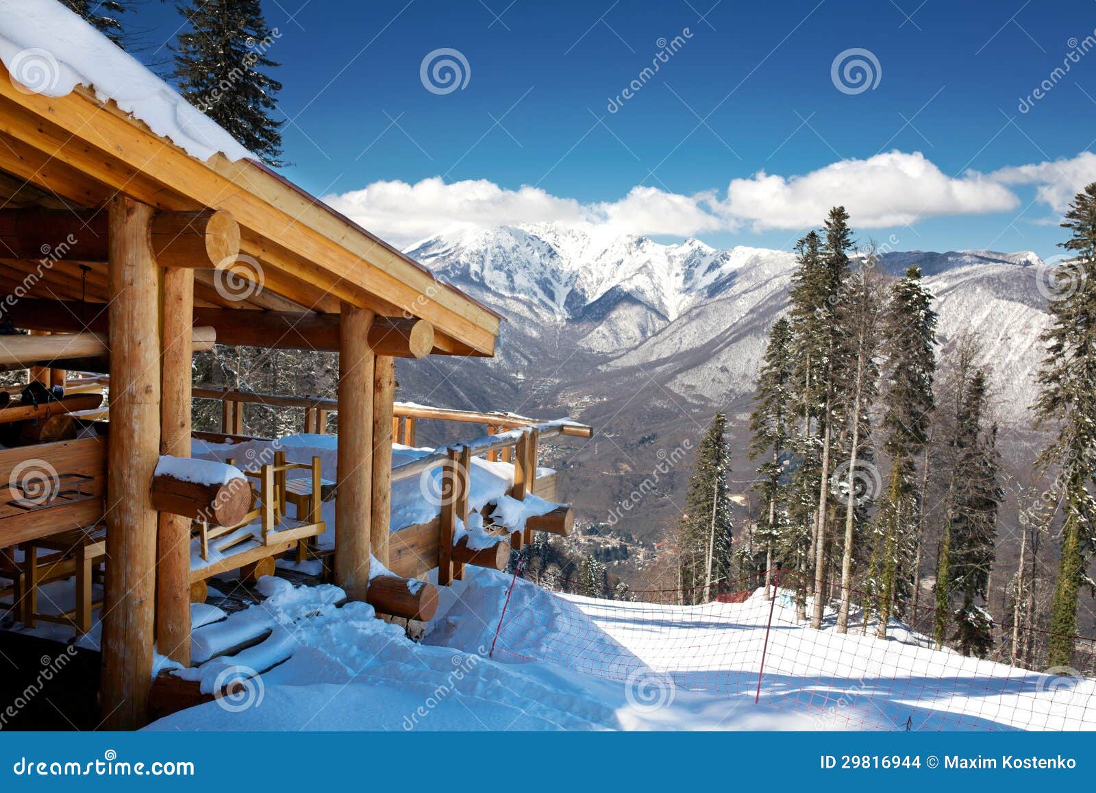 Wooden ski chalet in snow stock photo. Image of evergreen - 29816944