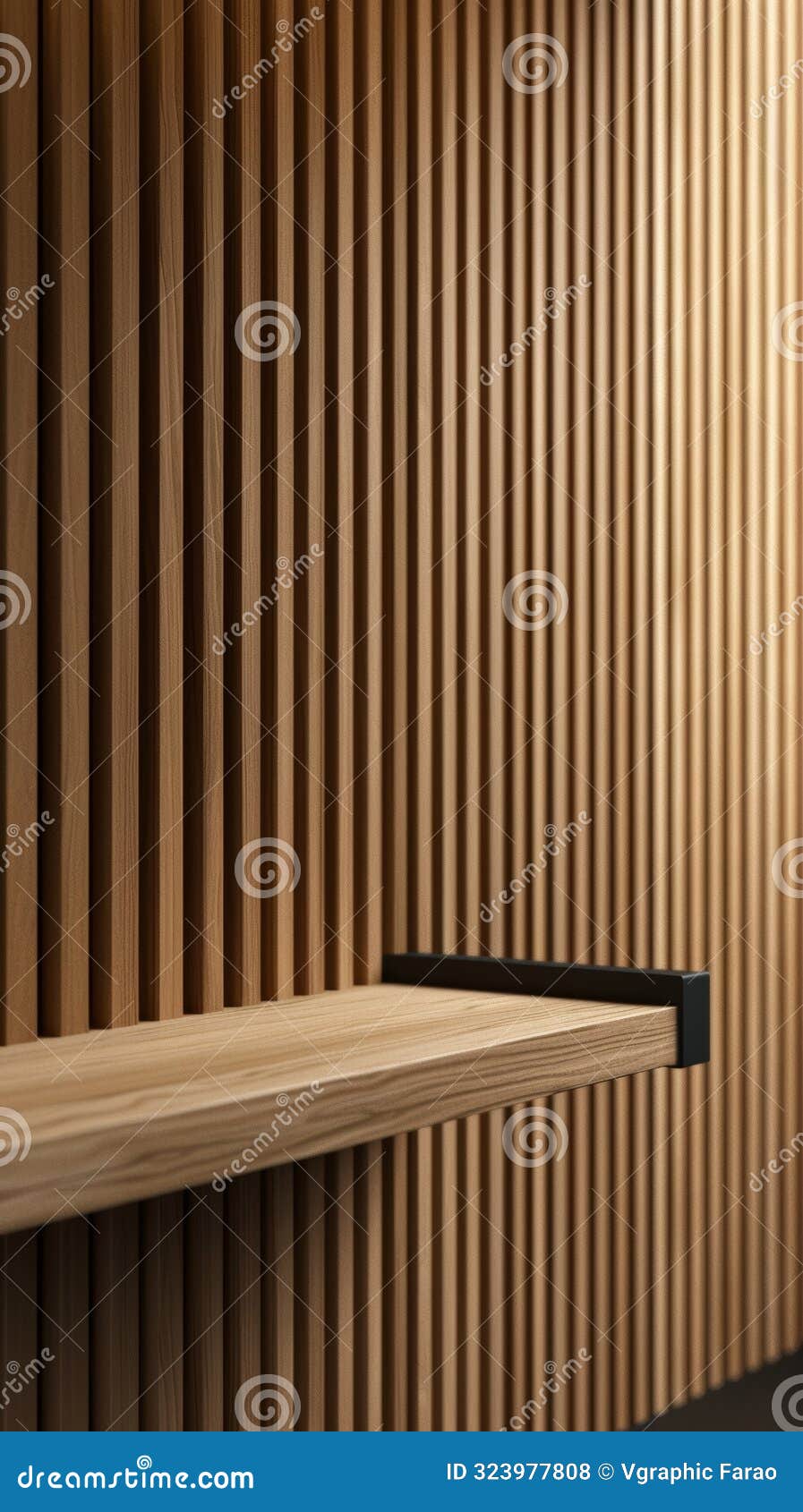 Wooden Slat Wall With Floating Shelf, Modern Interior Design Concept ...