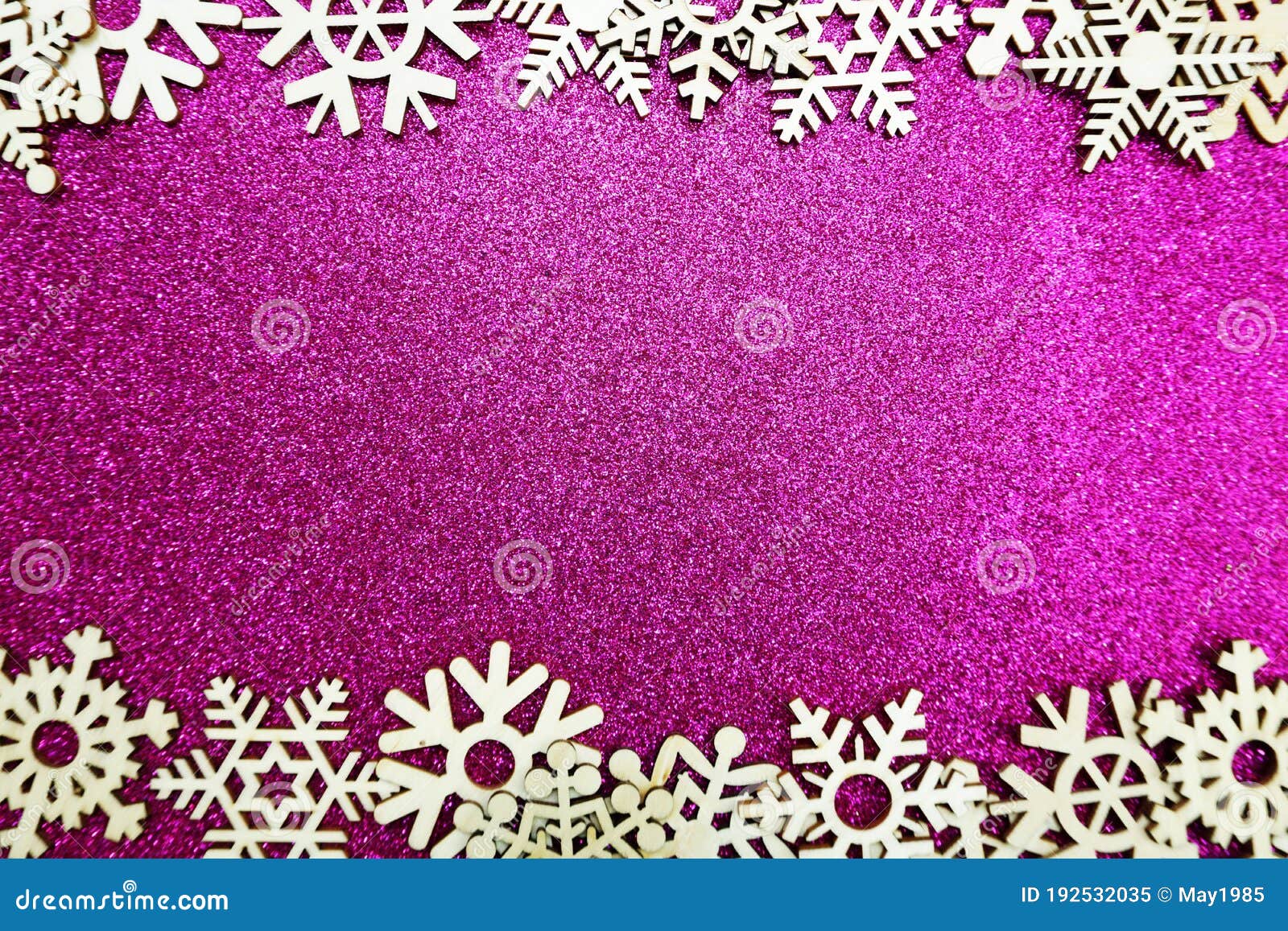 Wooden Snowflake Border Frame on Pink Glitter Background Stock Image ...