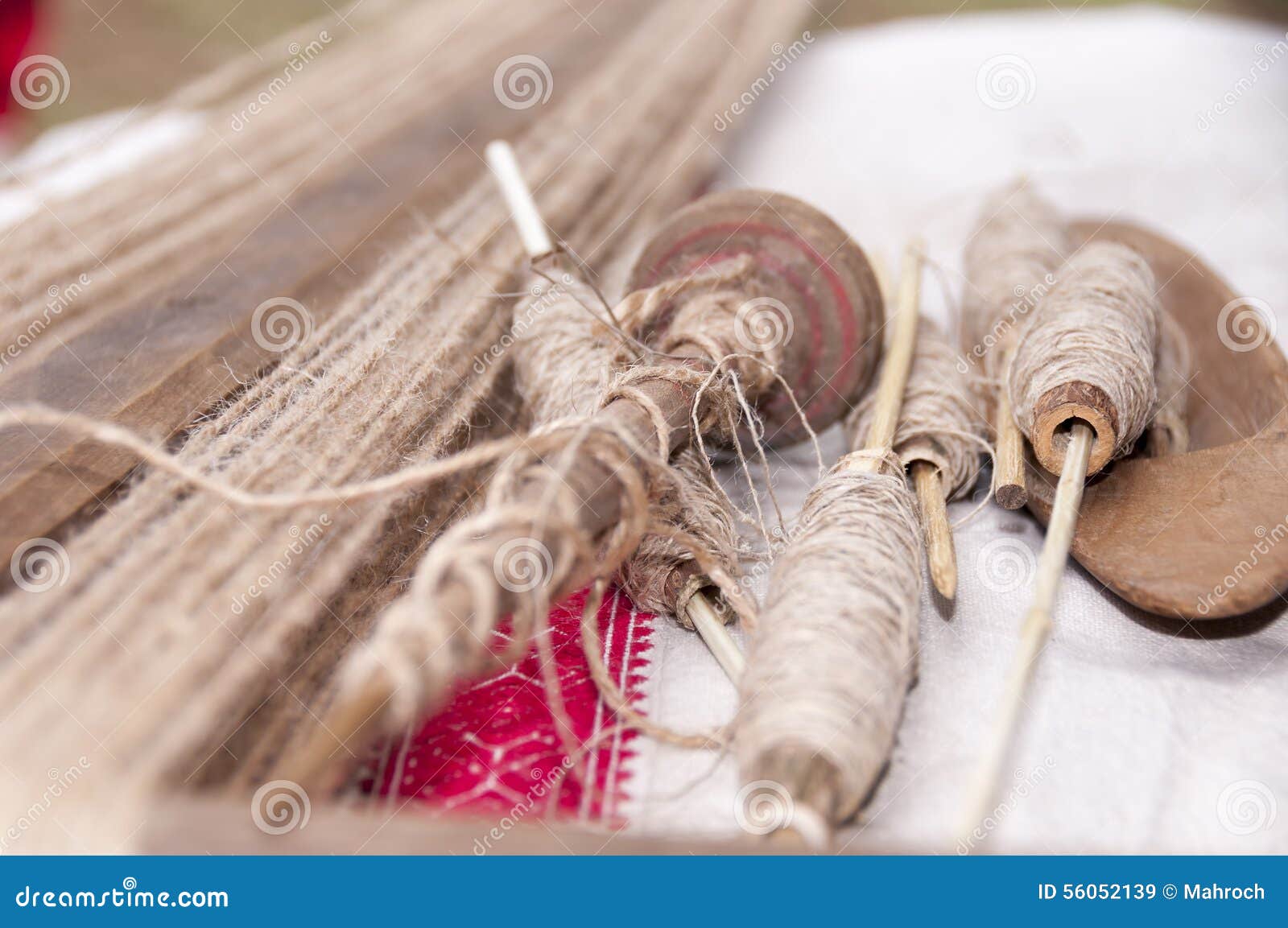 Wooden Spindles with Hemp Threads Stock Image - Image of spin, white ...