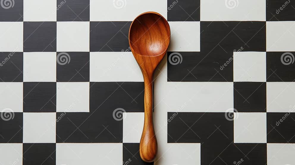 Wooden Spoon on Checkered Table with Black and White Background Stock ...