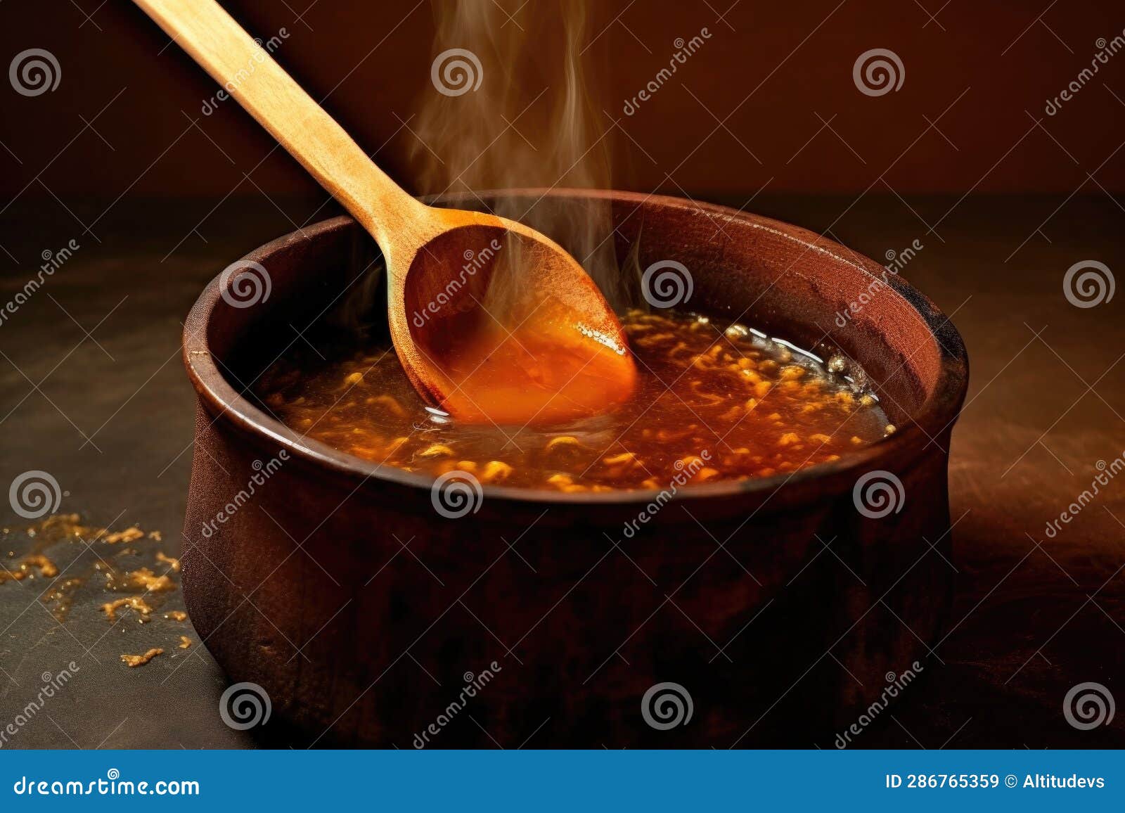 Wooden Spoon Stirring Steaming Soup in a Pot Stock Illustration ...