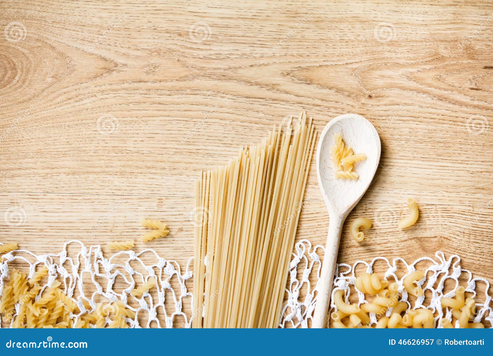 Wooden Spoons, Different Pasta on Knitted Lace Tablecloth Stock Image ...