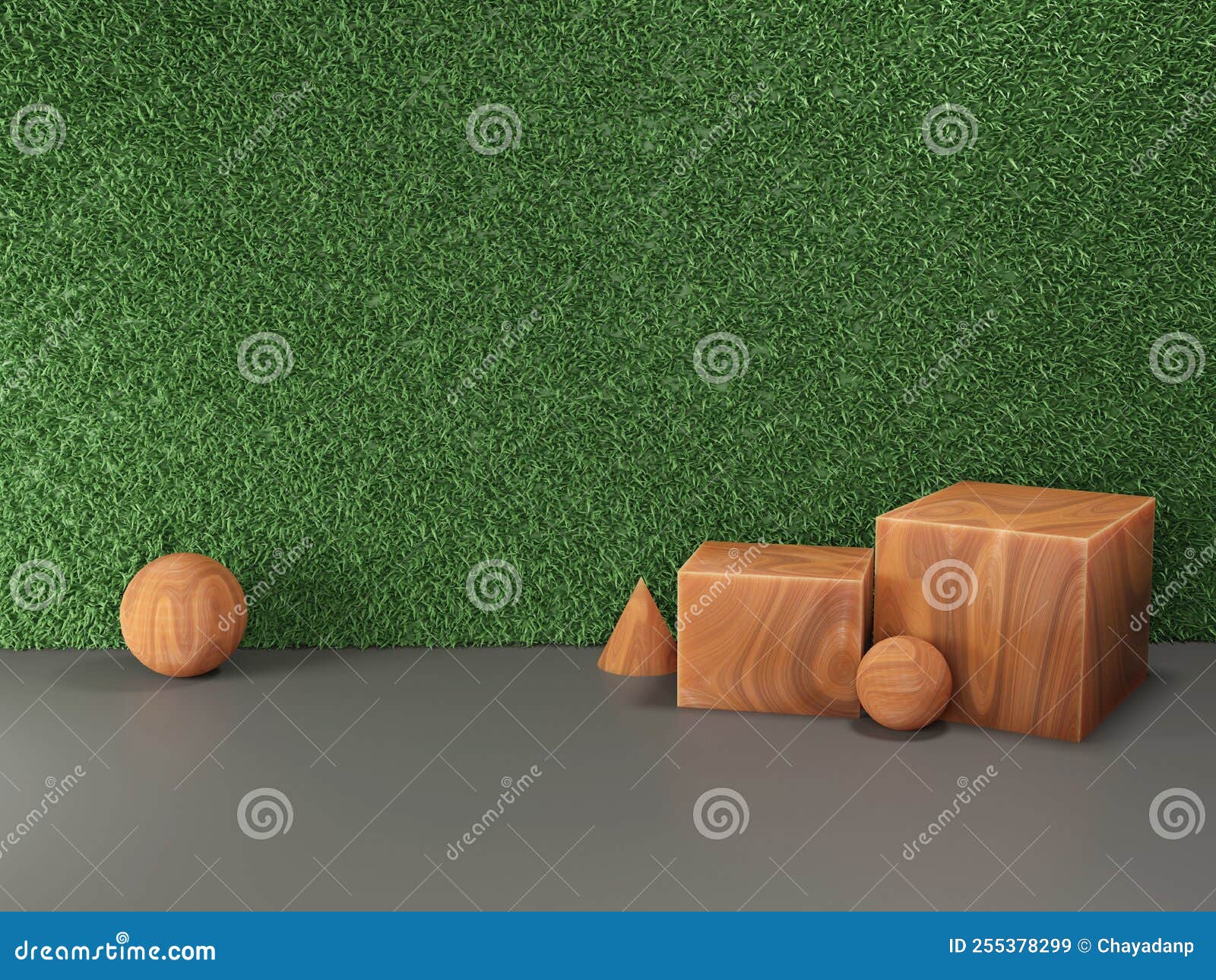 Wooden Square Boxes and Spherical Objects with Artificial Grass Wall ...