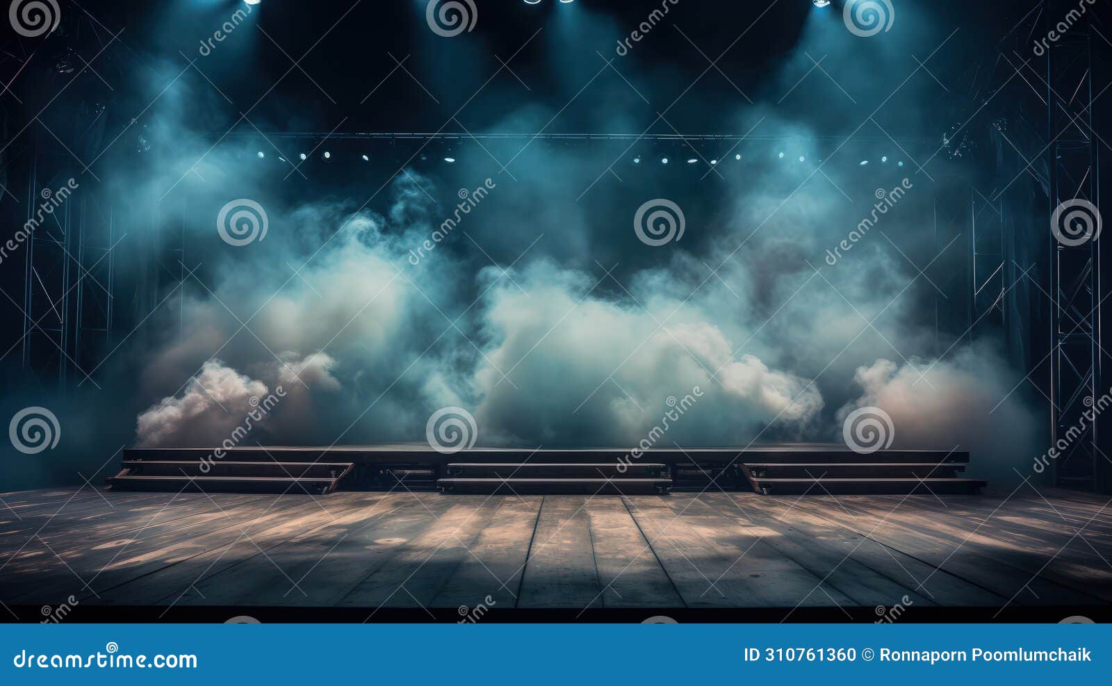 A Wooden Stage with Blue Smoke and Spotlights, Representing a ...