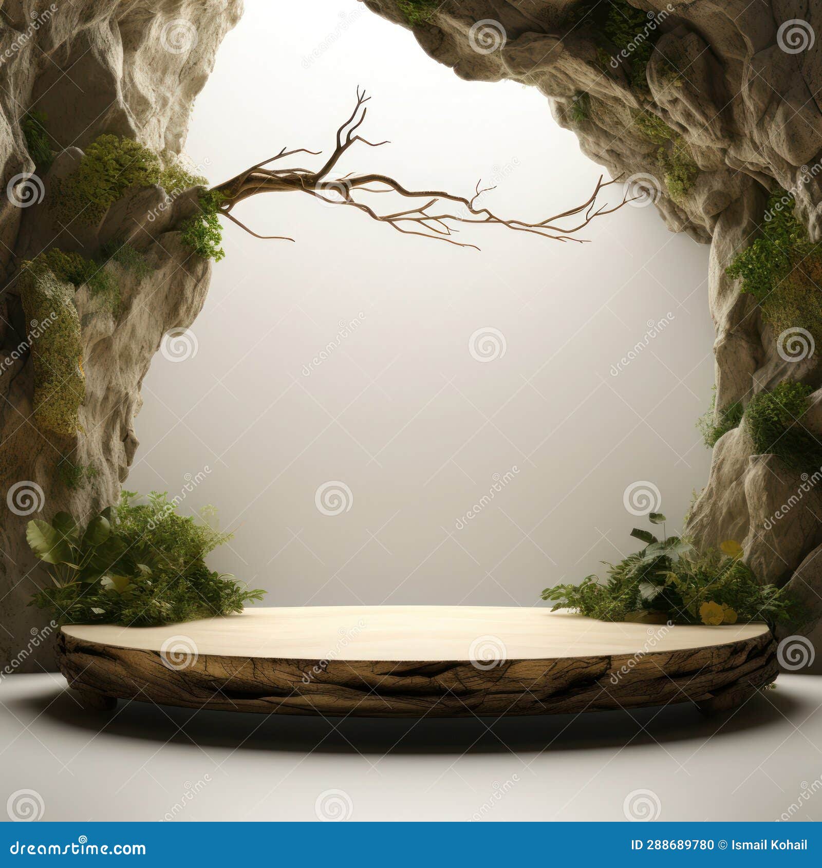 A Wooden Stage Podium in a Cave with a Tree in the Background, Created ...