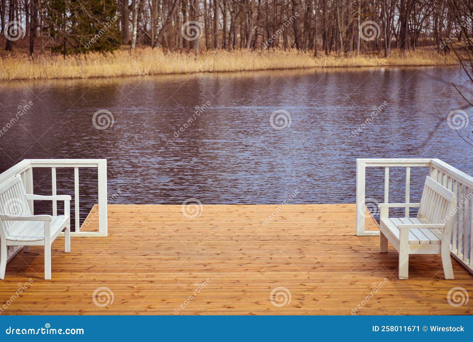 Wooden Stage and White Benches by the River for Resting Stock Image ...
