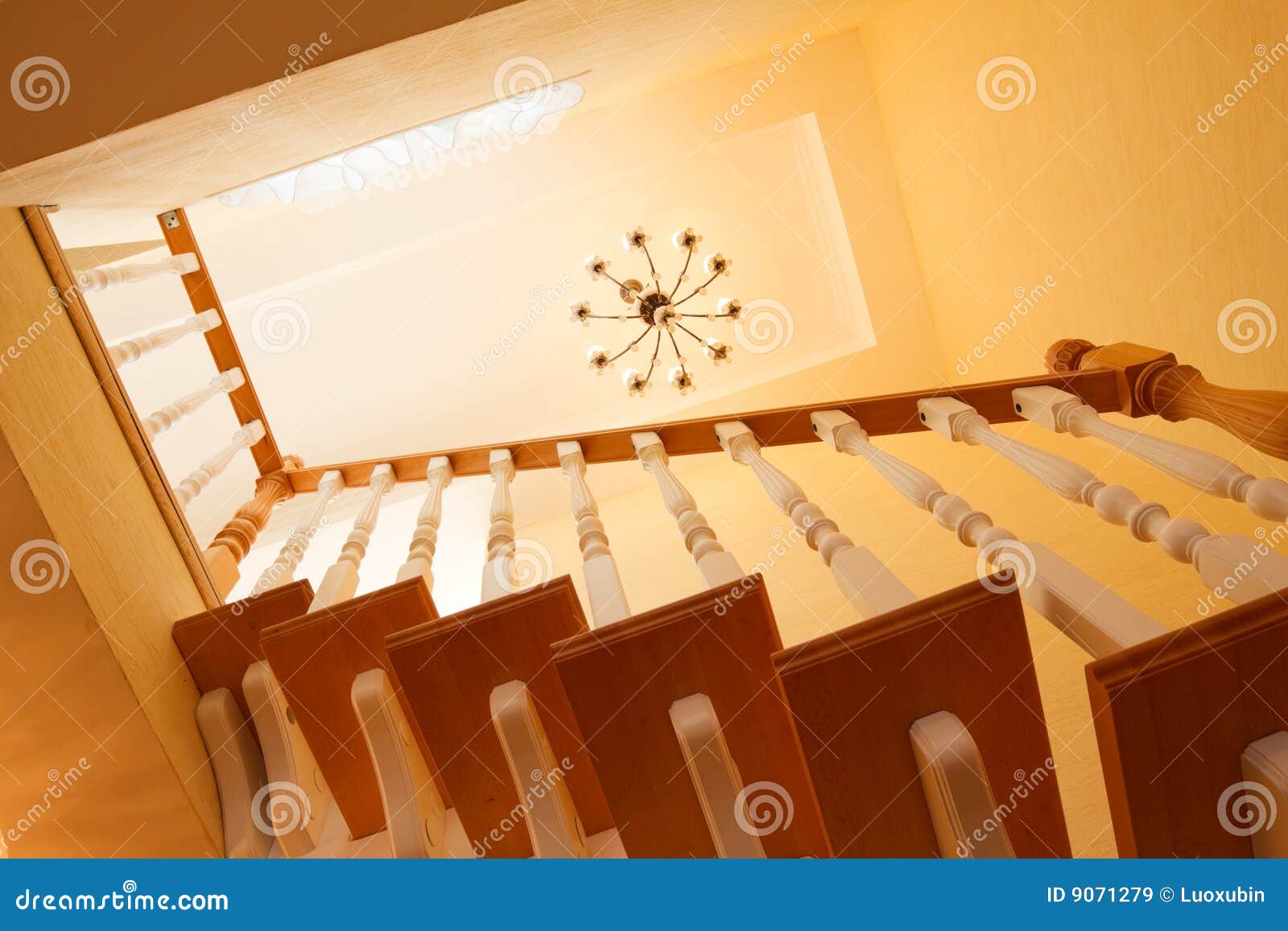 Staircase Wooden With Wooden Handrails On White Wall In Modern Home ...