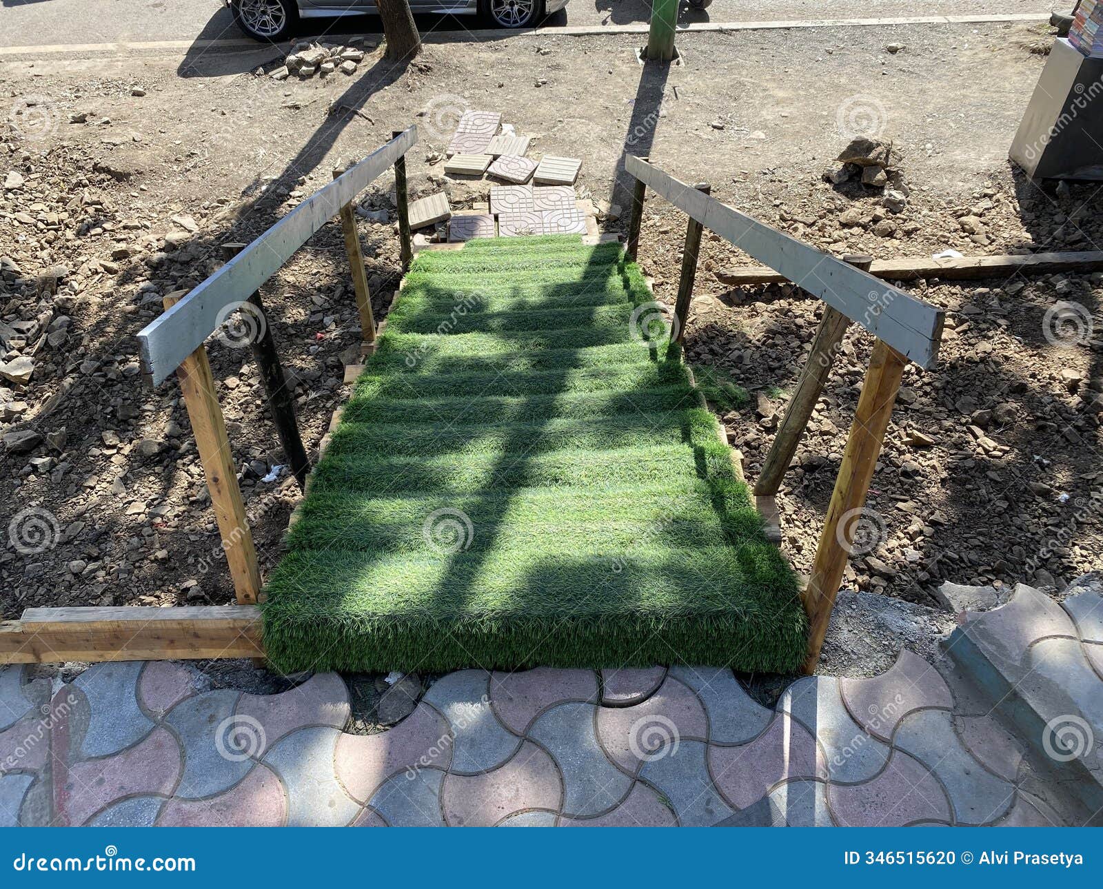 Wooden Stairs Decorated with Artificial Grass Stock Photo - Image of ...