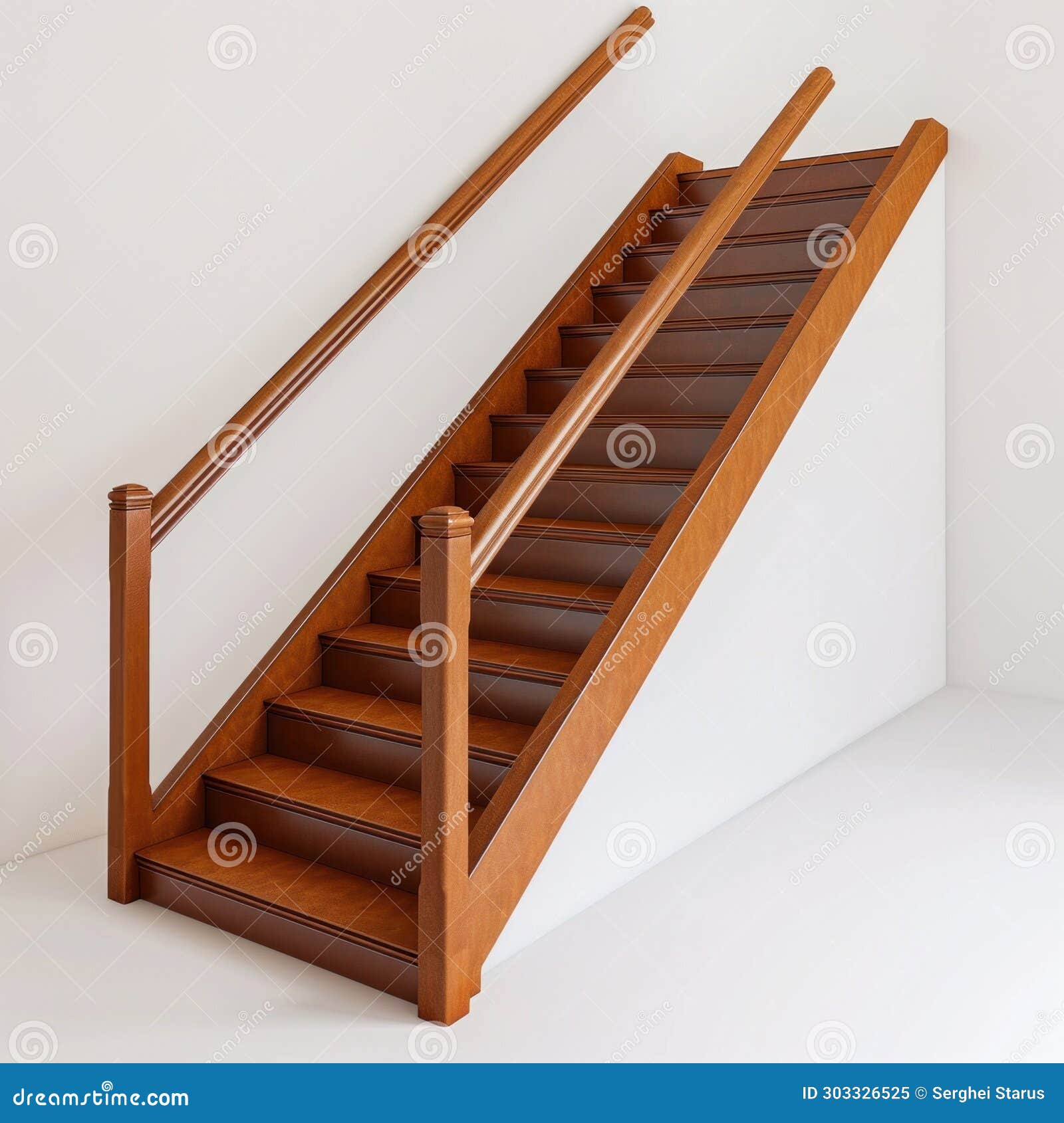 A Wooden Stairs with a Railing and White Wall Behind, AI Stock ...