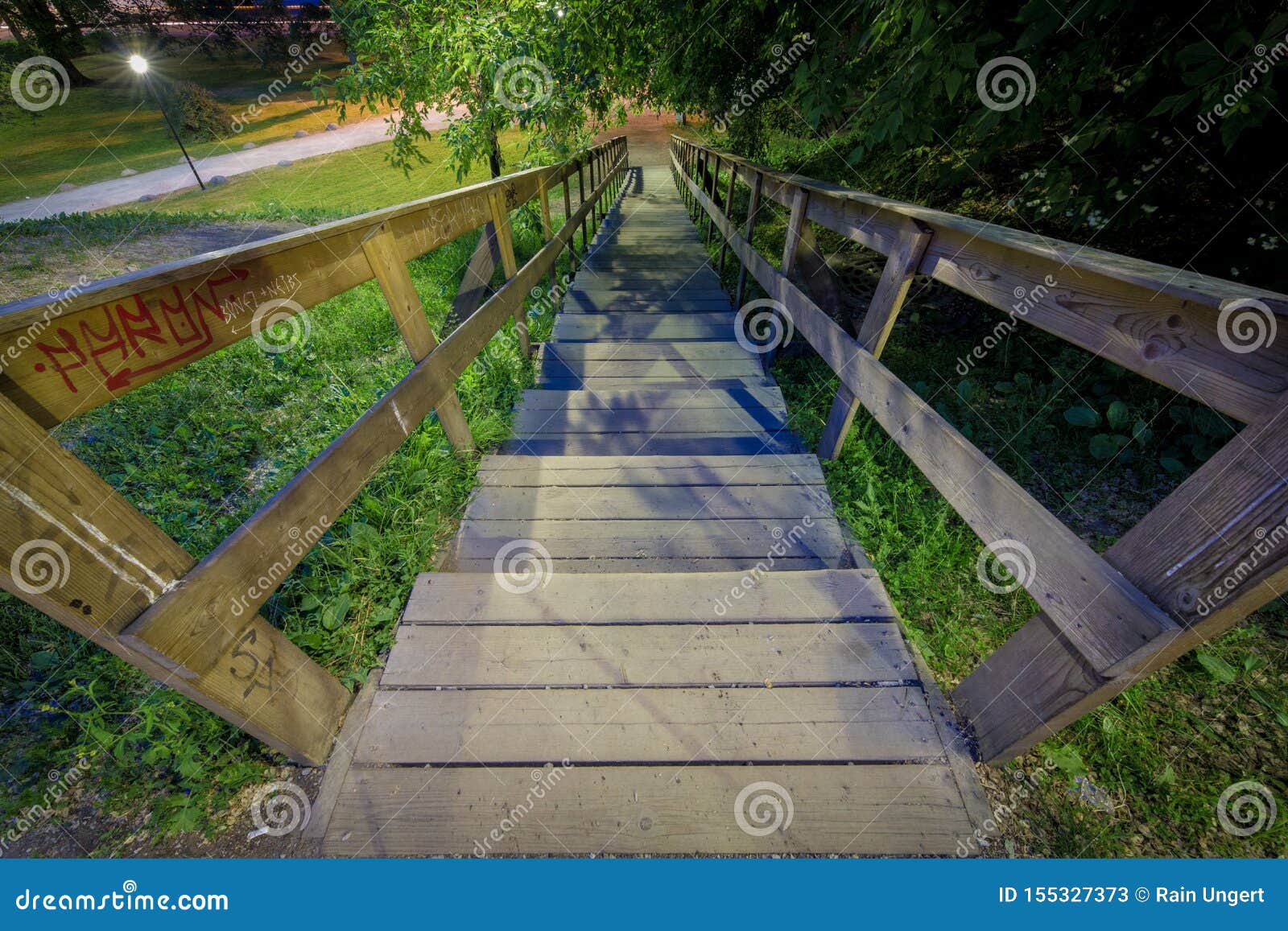 Wooden Stairway Leading Down Stock Image - Image of railing, park ...