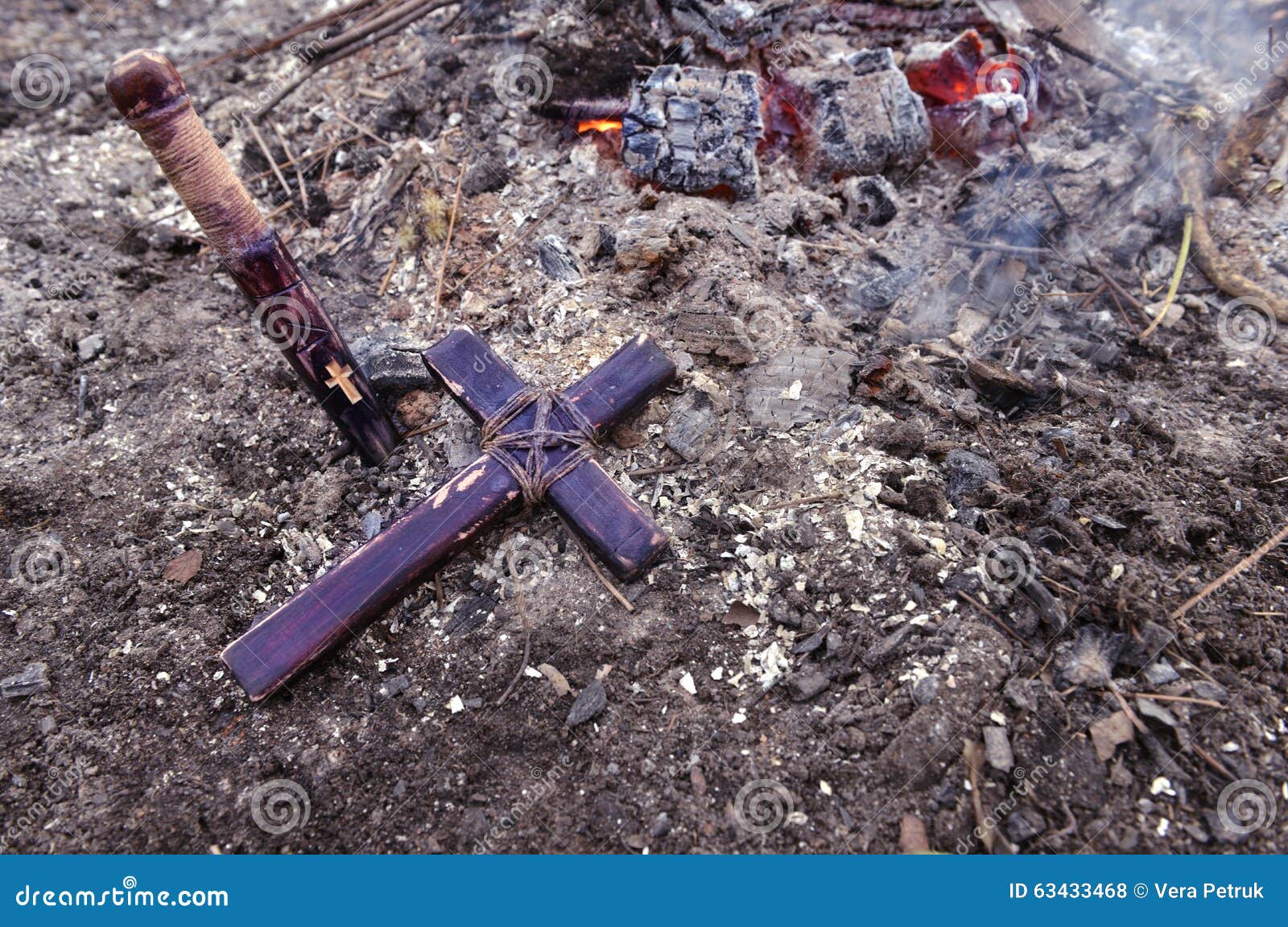 Wooden Stake and Cross Lying on the Ashes Stock Photo - Image of ...