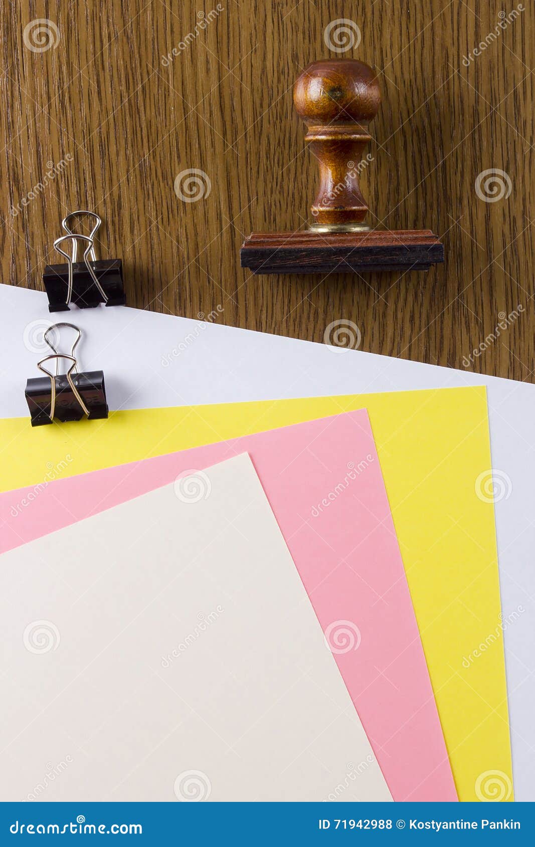 Wooden Stamp and Colored Sheets of Paper Stock Photo - Image of ...
