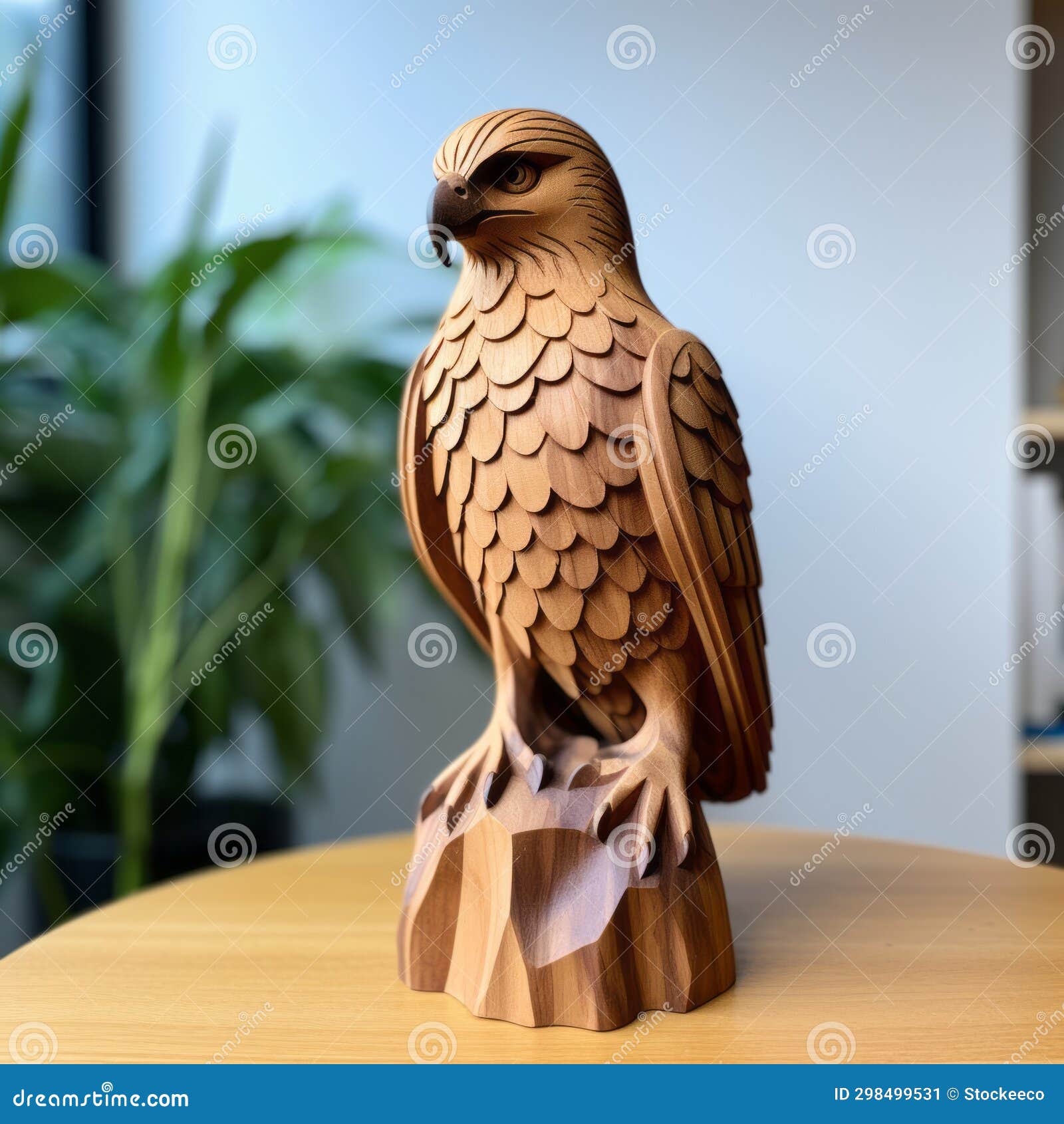 Detailed Wooden Hawk Statue with Nature-inspired Patterns Stock ...