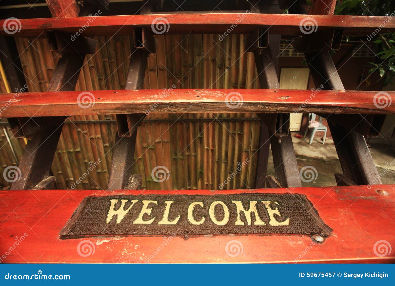 Wooden Steps with Inscription Welcome Stock Image - Image of bannister ...