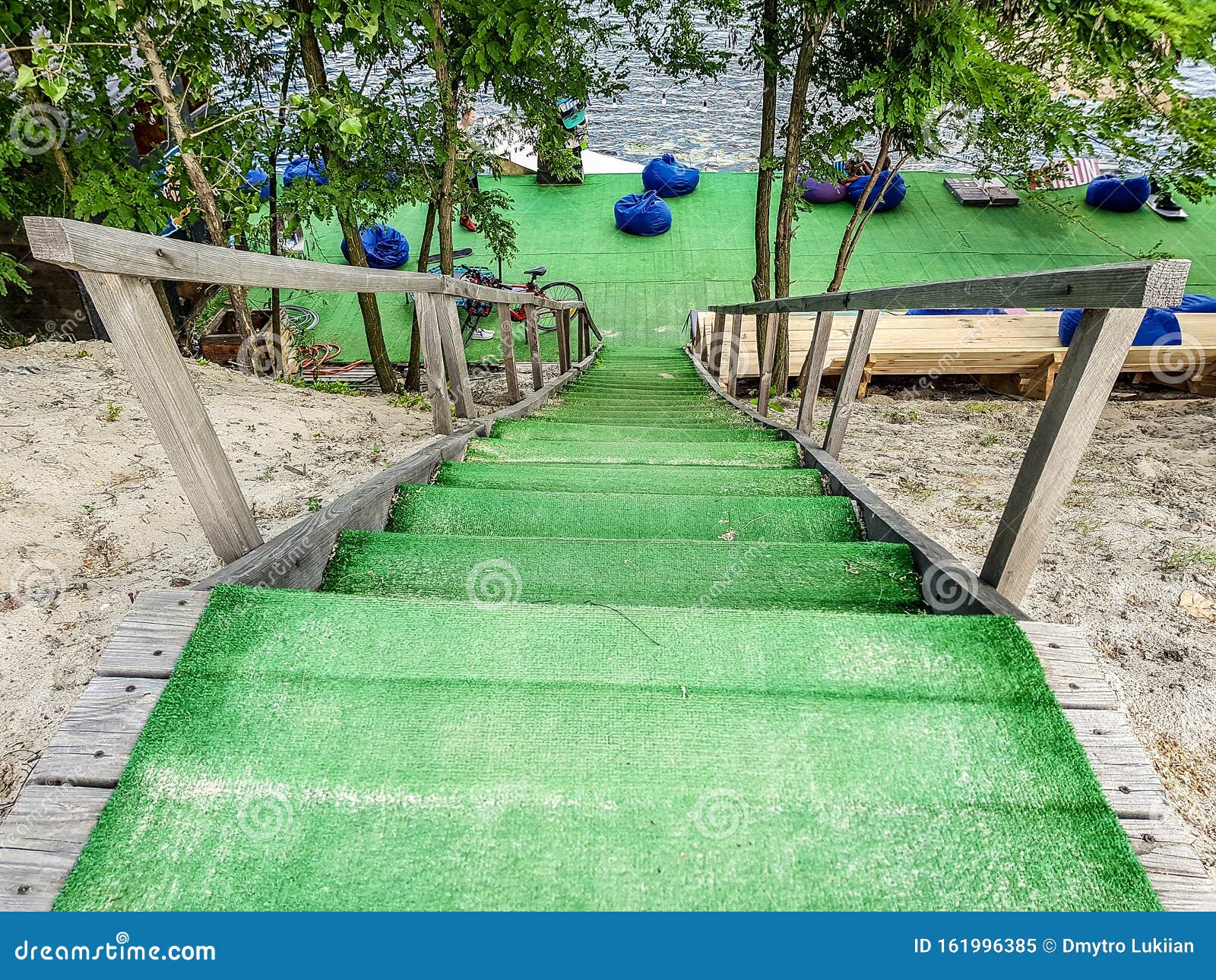 Wooden Steps Leading Down To the Beach, Pond through the Trees Stock ...