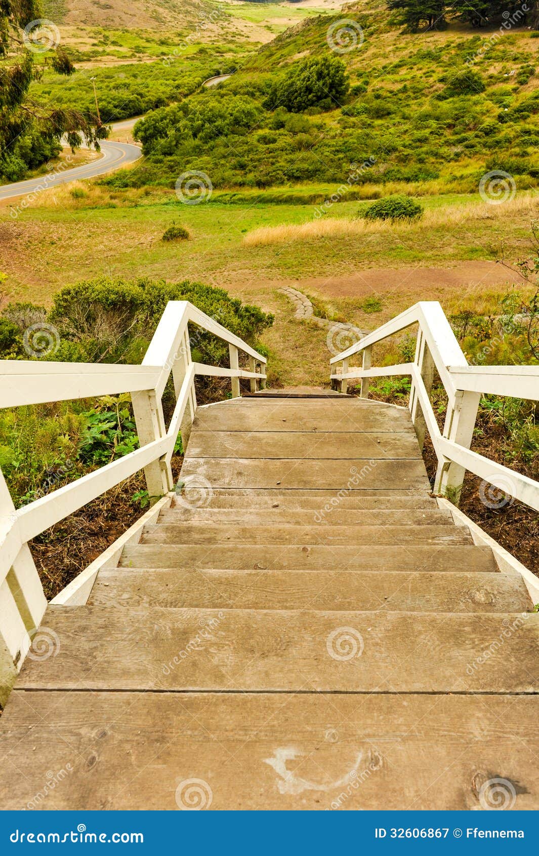 Wooden Steps with Railing Lead To Field Stock Image - Image of ...