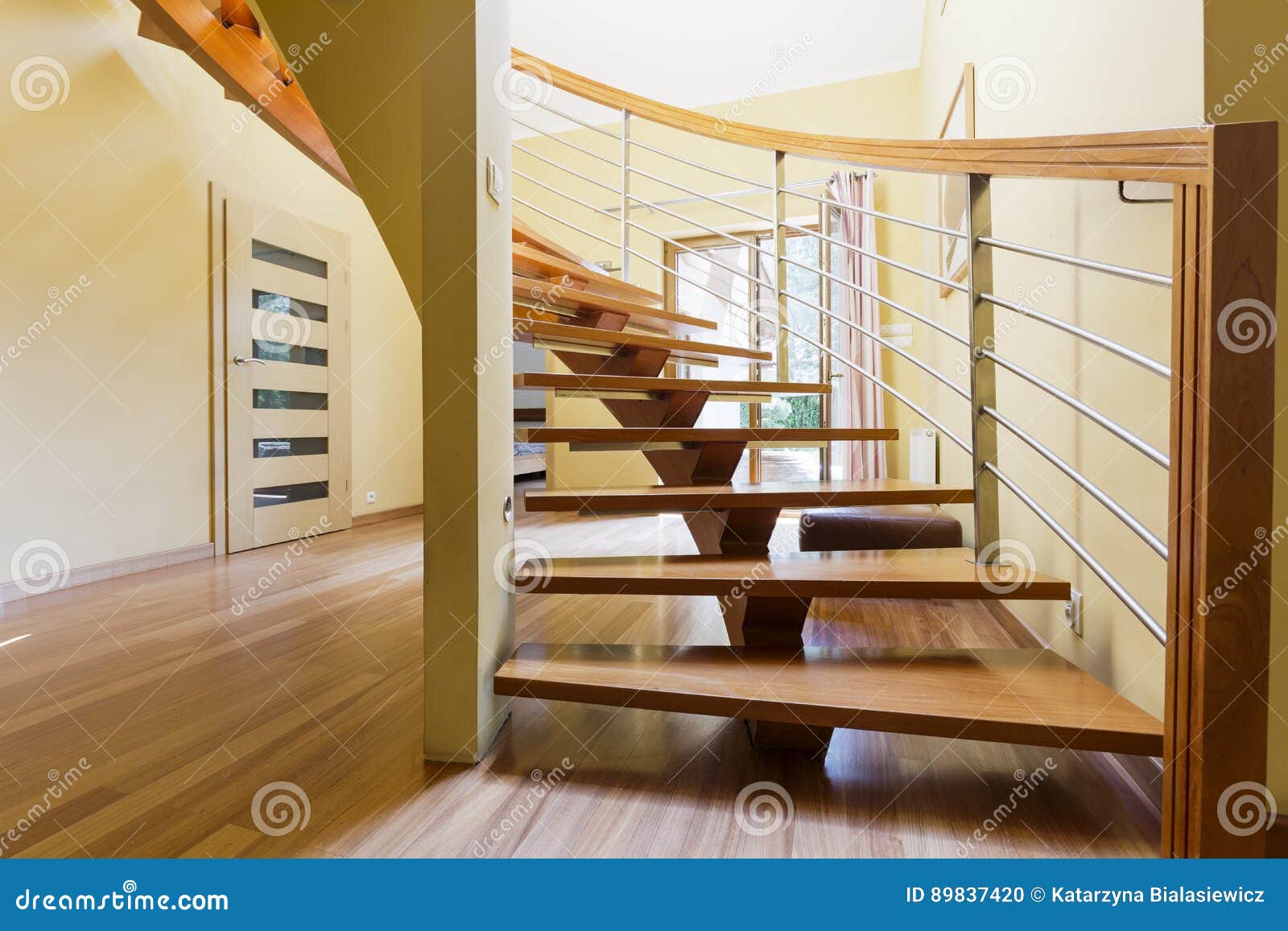 Wooden Steps in a Spacious Hall Stock Photo - Image of railing ...