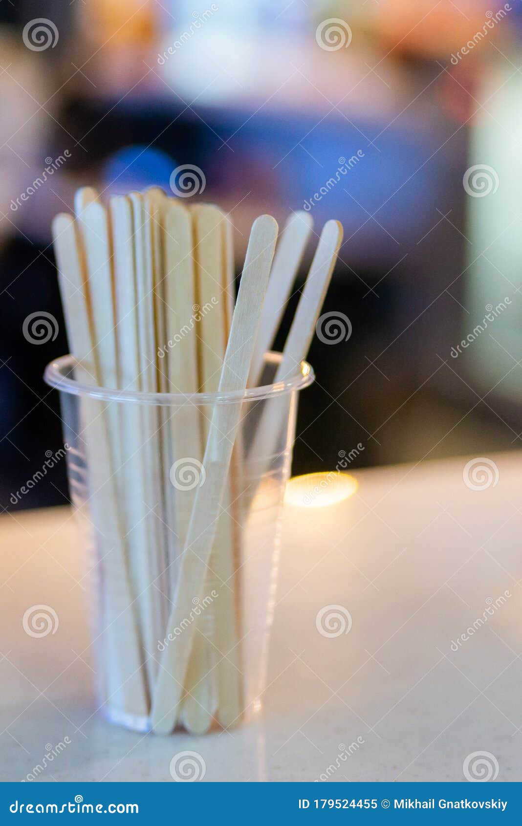 Wooden Sticks in Plastic Cup for Stirring Sugar in Coffee in Cafeteria ...