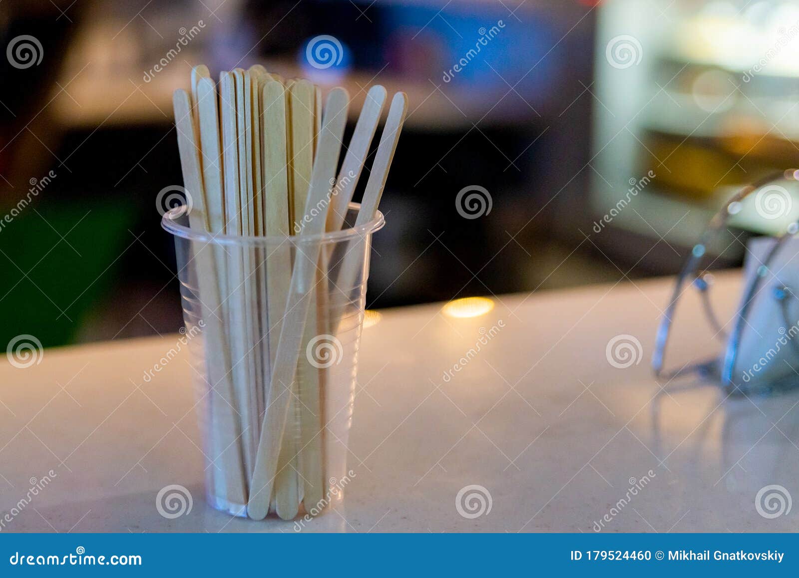 Wooden Sticks in Plastic Cup for Stirring Sugar in Coffee in Cafeteria ...