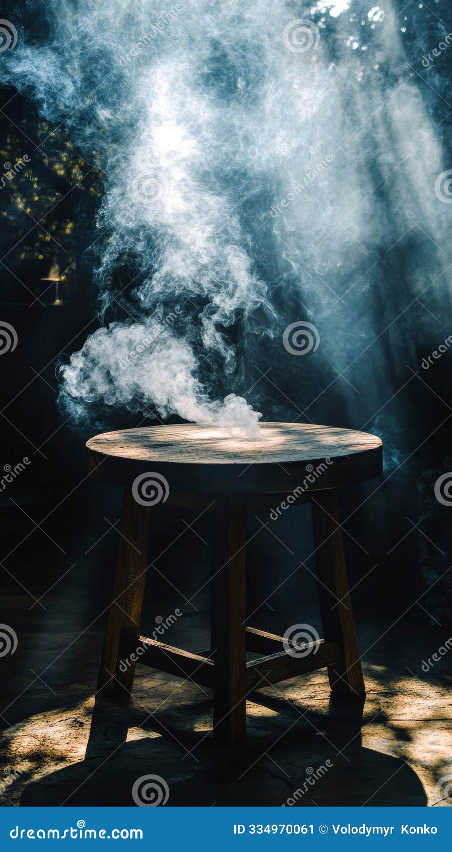 Wooden Stool with Sunlight and Smoke in Rustic Setting Stock Image ...