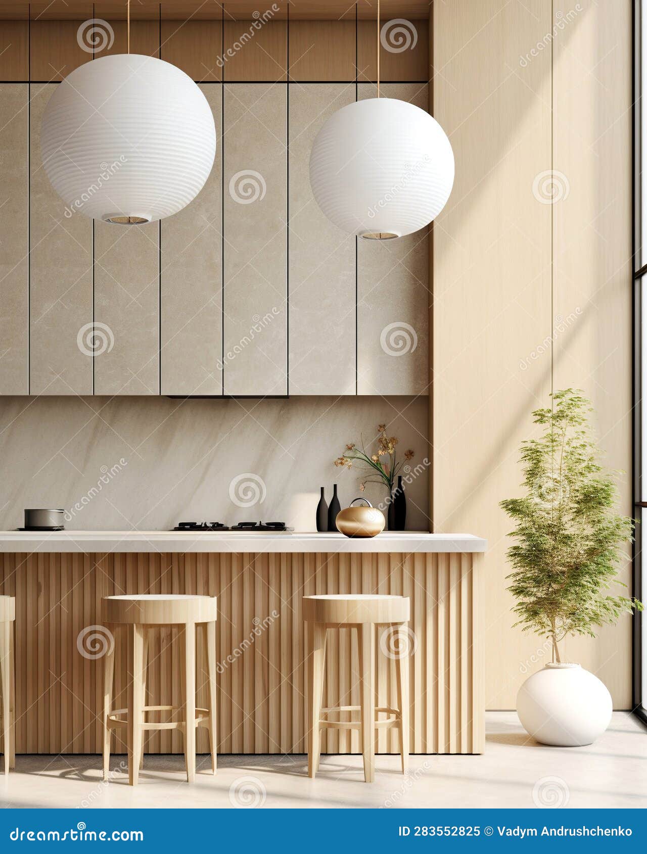 Wooden Stools at Kitchen Counter. Modern Interior Design of ...