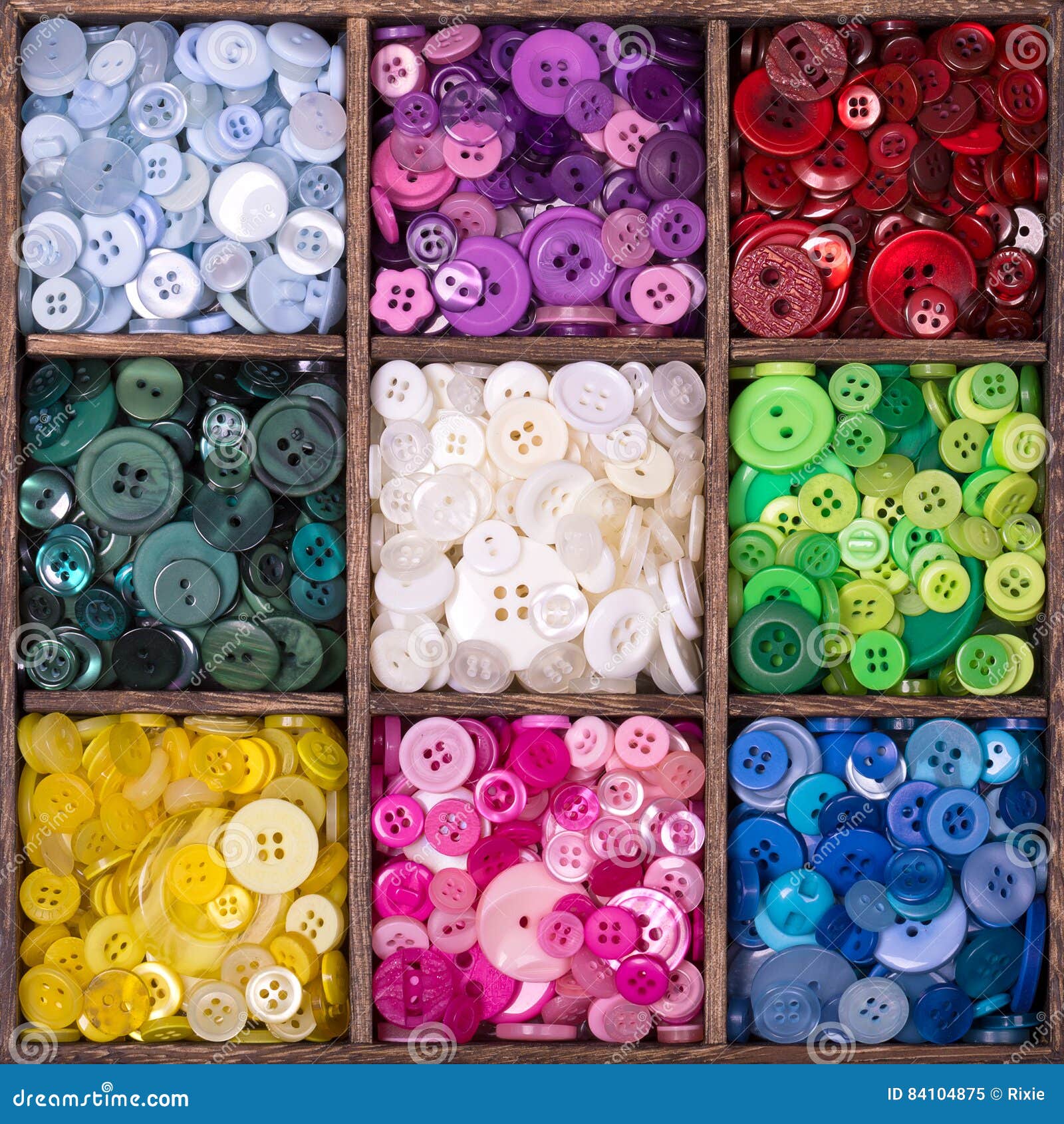 Wooden Storage Box Filled with Buttons. Stock Image - Image of design ...