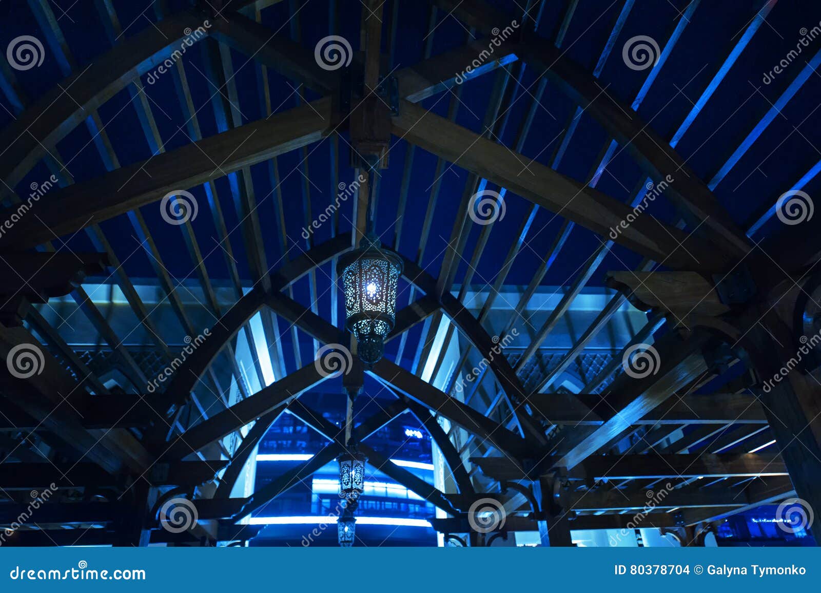 Wooden Structure in the Shape of an Arch and Lights at Night Stock ...