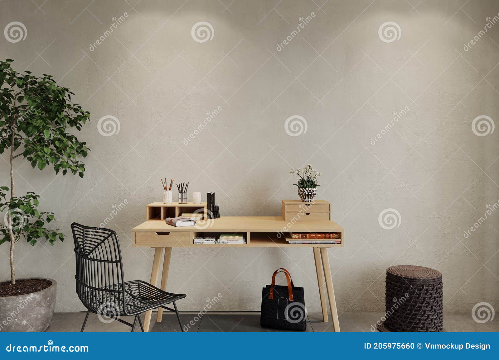 Wooden Study Desk and Chairs in the Room Empty Wall Mockup Stock ...