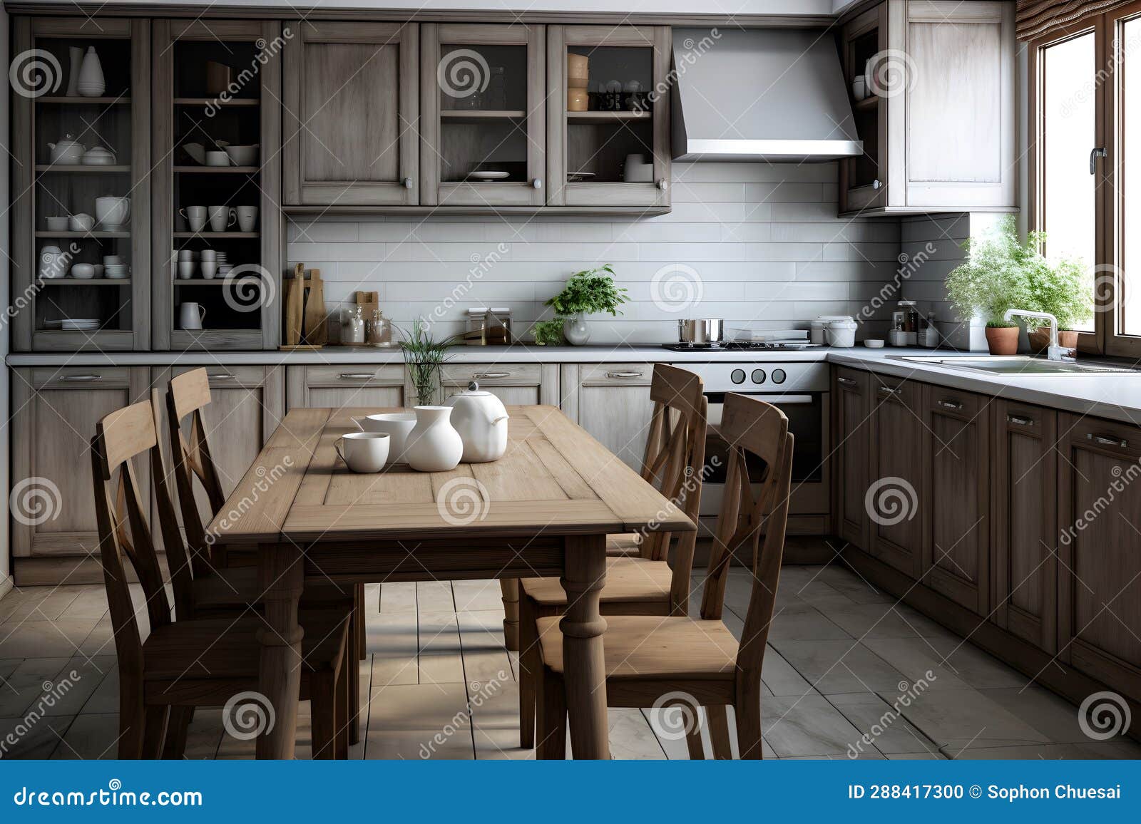 Wooden Style Kitchen Interior Design with Cabinets and Wooden Table ...