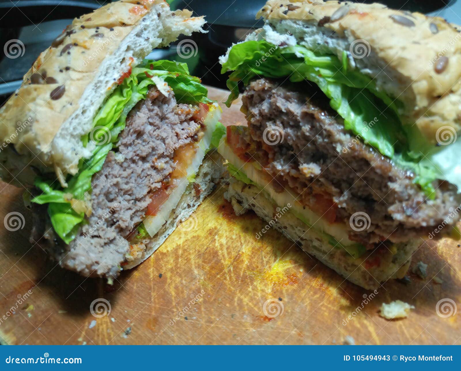 Half Sliced, Freshly Prepared Beef Burger Stock Image - Image of sliced ...