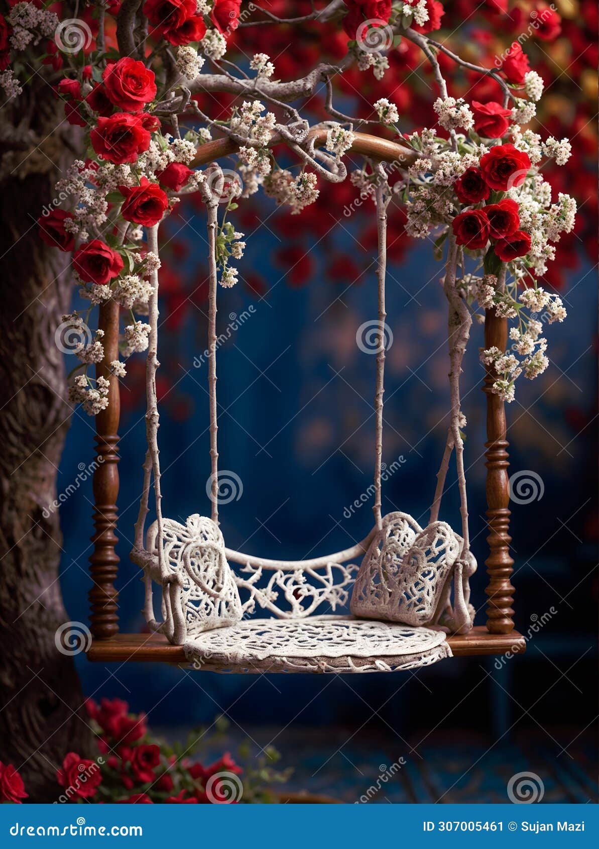 A Wooden Swing Adorned with Red Roses and Hanging from Branches. Stock ...