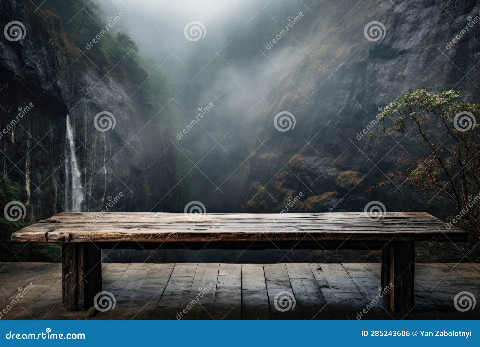 A Wooden Table Against Backdrop of Majestic Waterfall Blank Surface ...