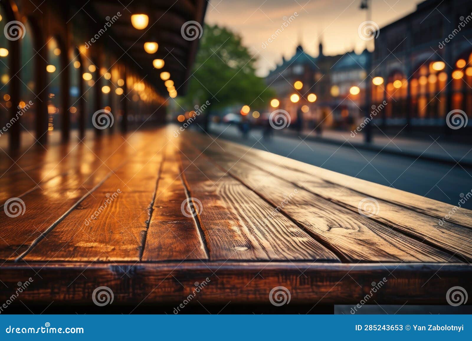A Wooden Table Against Backdrop of Vintage Train Station Blank Surface ...