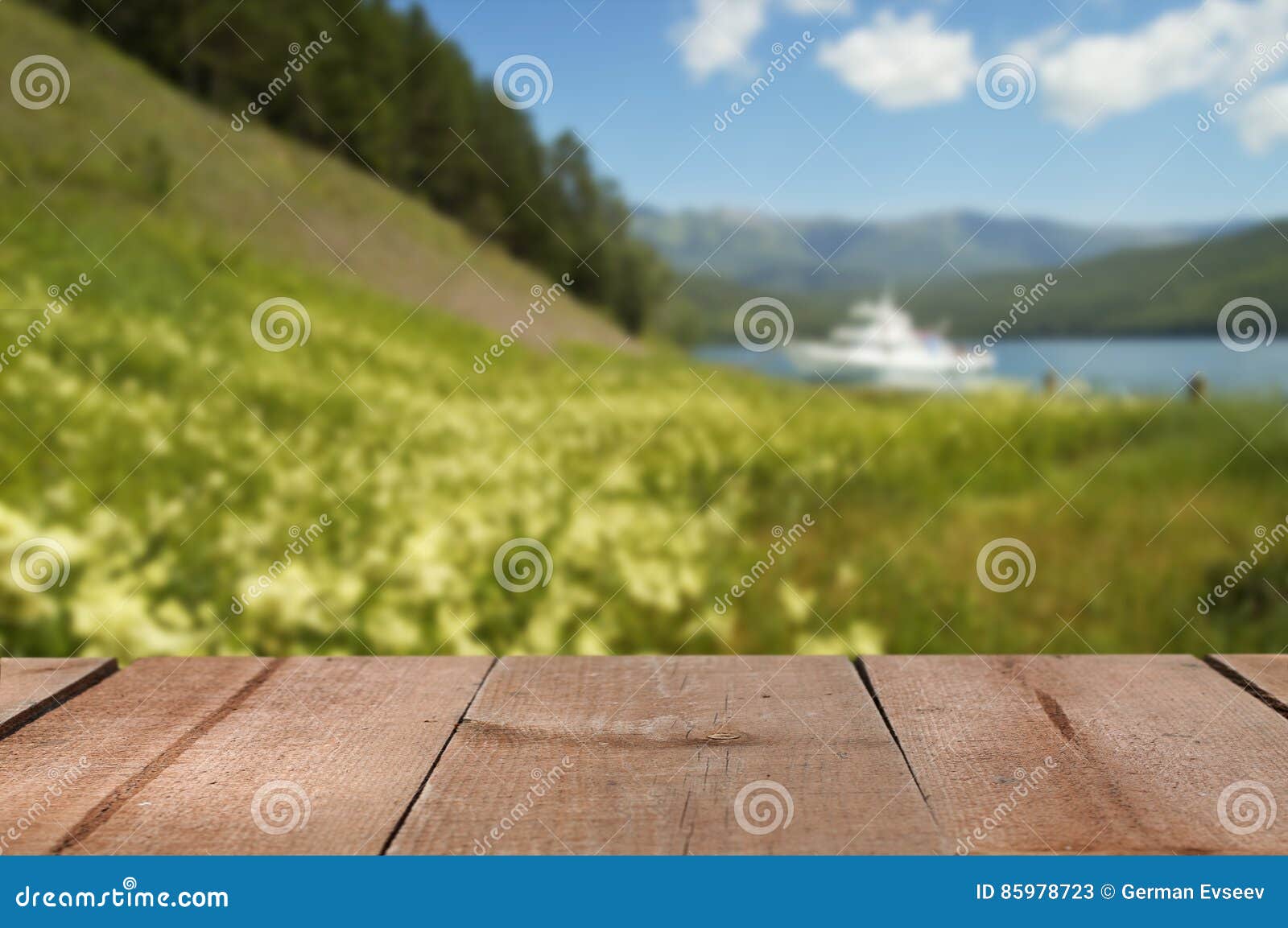 Wooden Table on the Background of Natural Landscape Stock Image - Image ...
