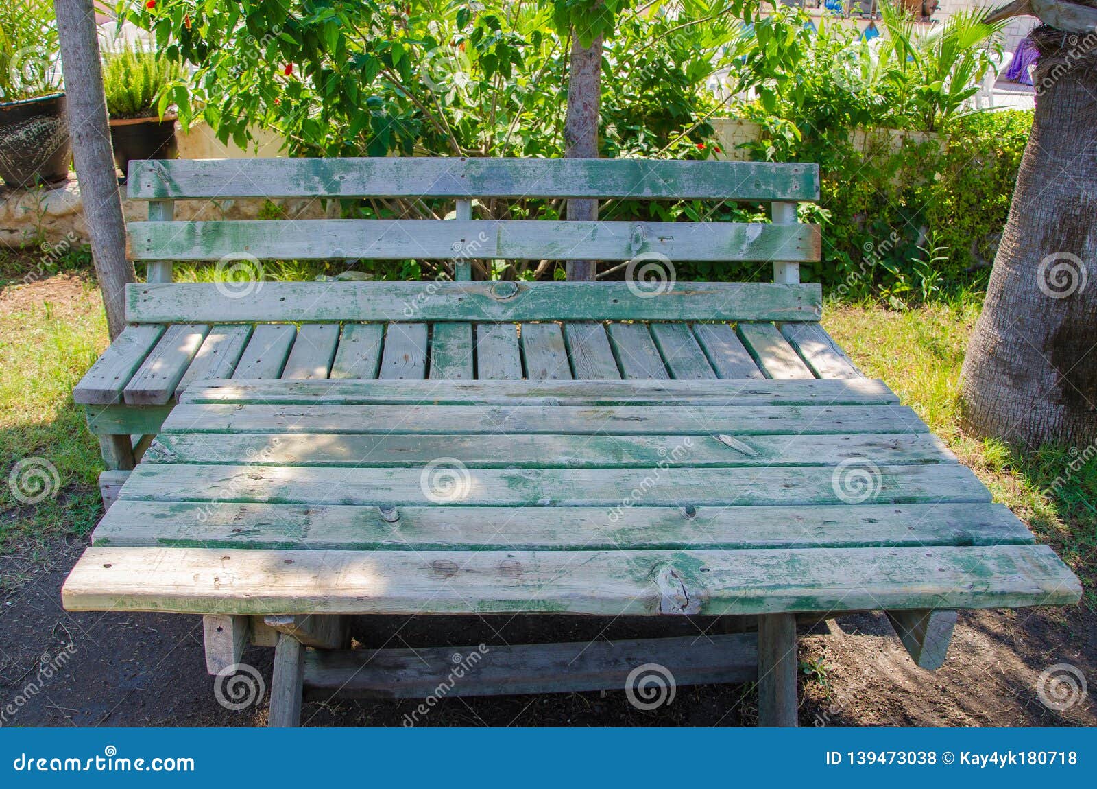 Wooden Table with Bench Green Gray in Nature Stock Photo - Image of ...