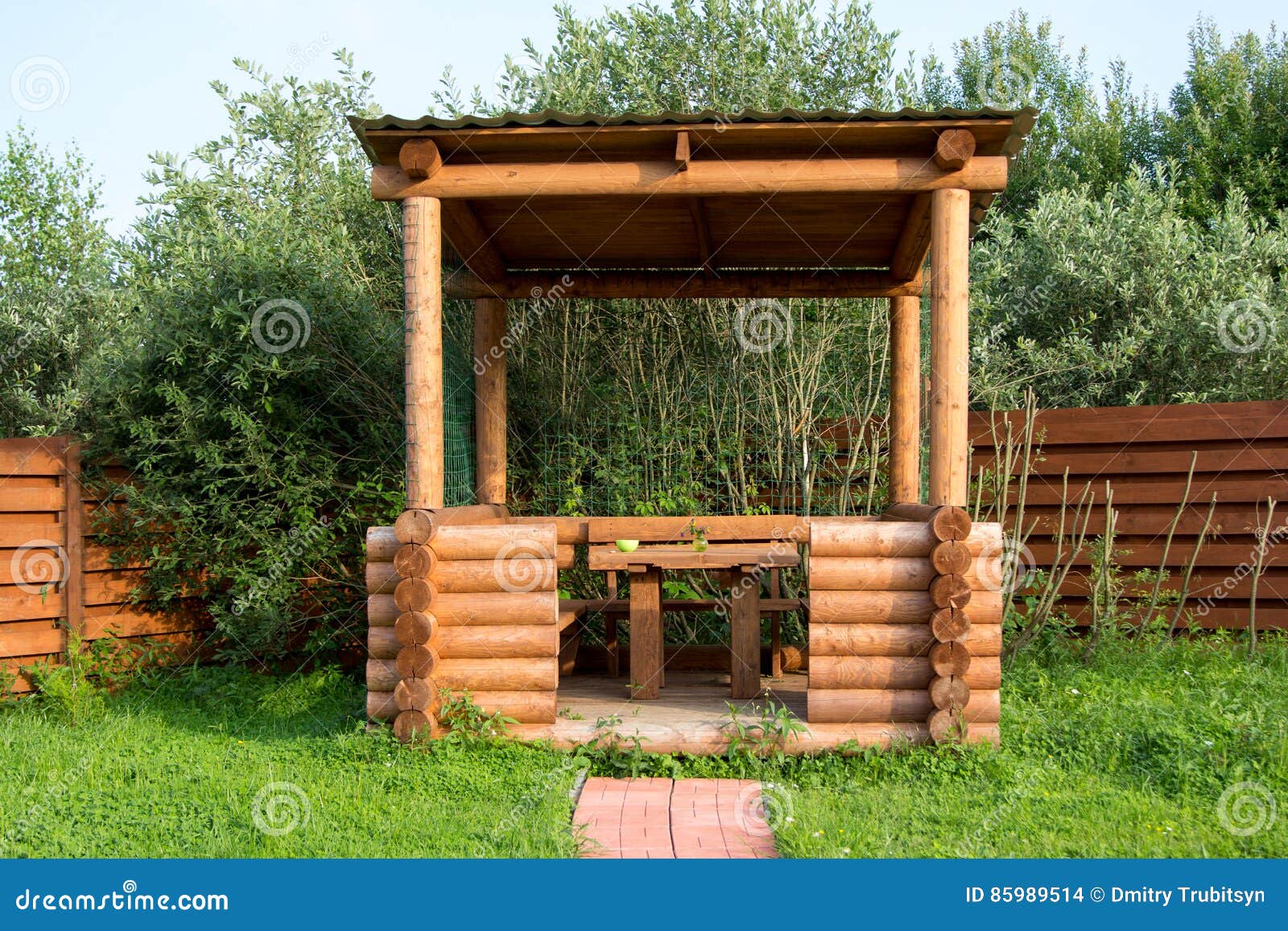 Wooden Table and Benches in Log Arbor Stock Photo - Image of natural ...